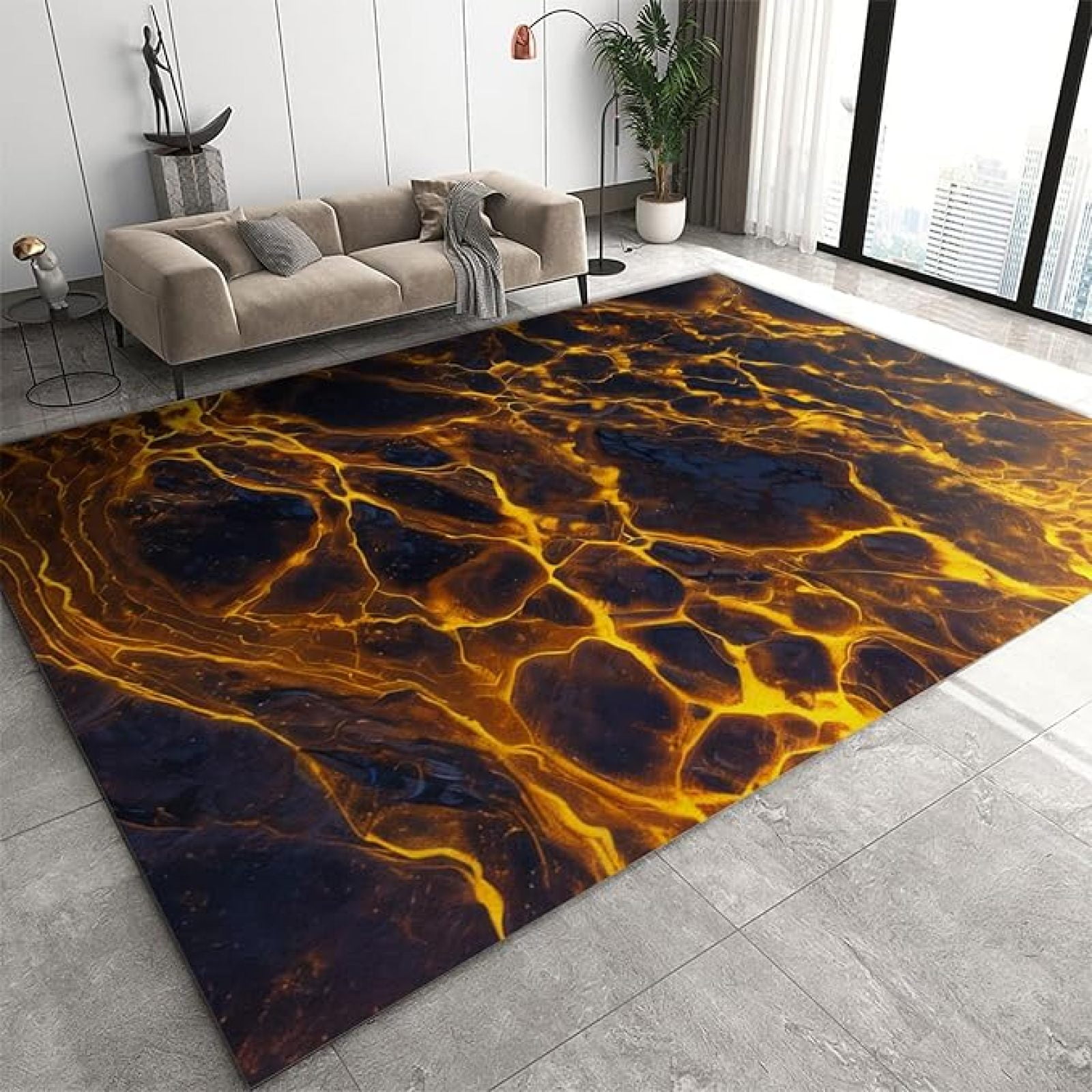 Abstract Yellow Texture Art Soft Washable Carpet, Black Gold Marble ...