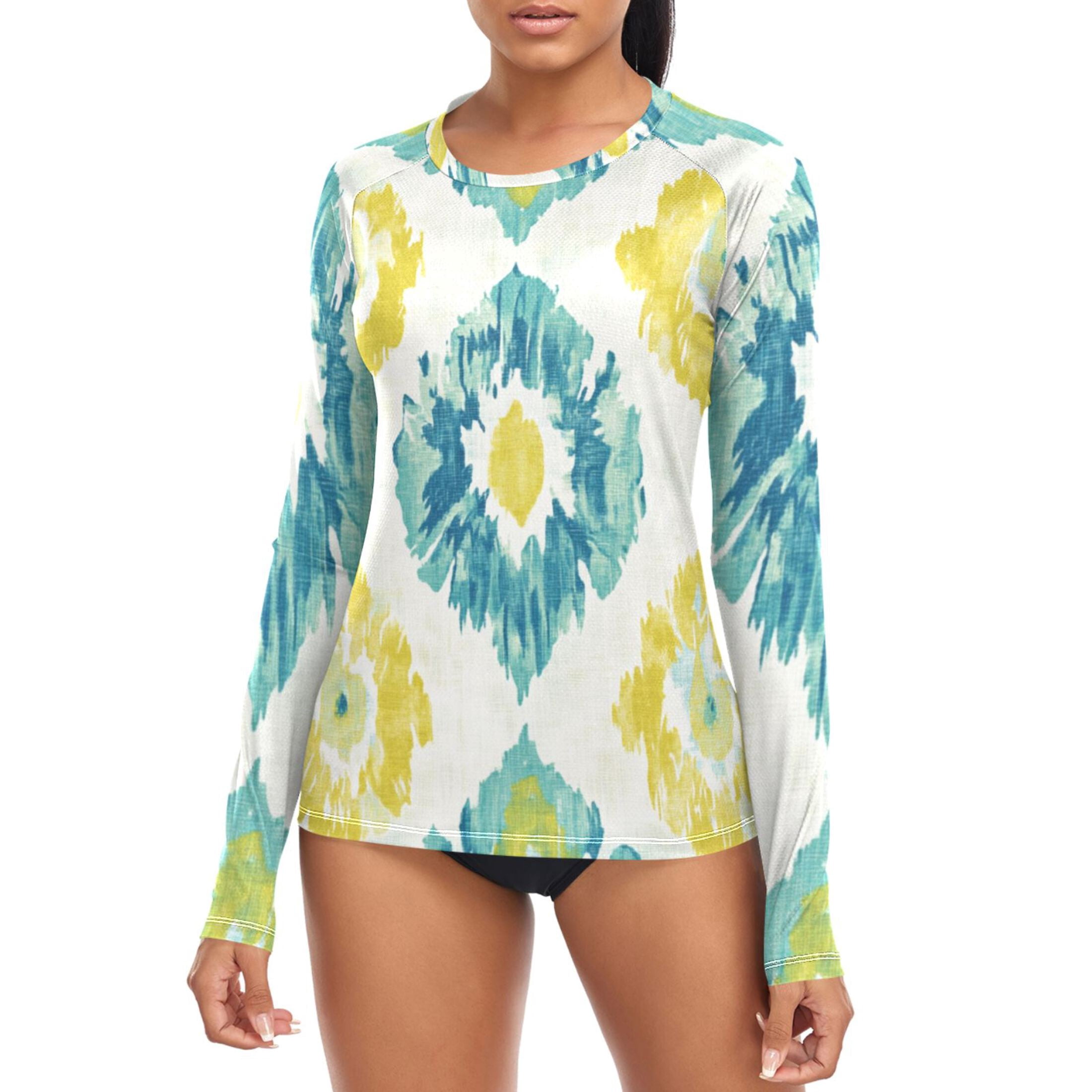 Abstract Yellow Turquoise Pattern Women's Rash Guard Shirts UPF 50+ Sun ...