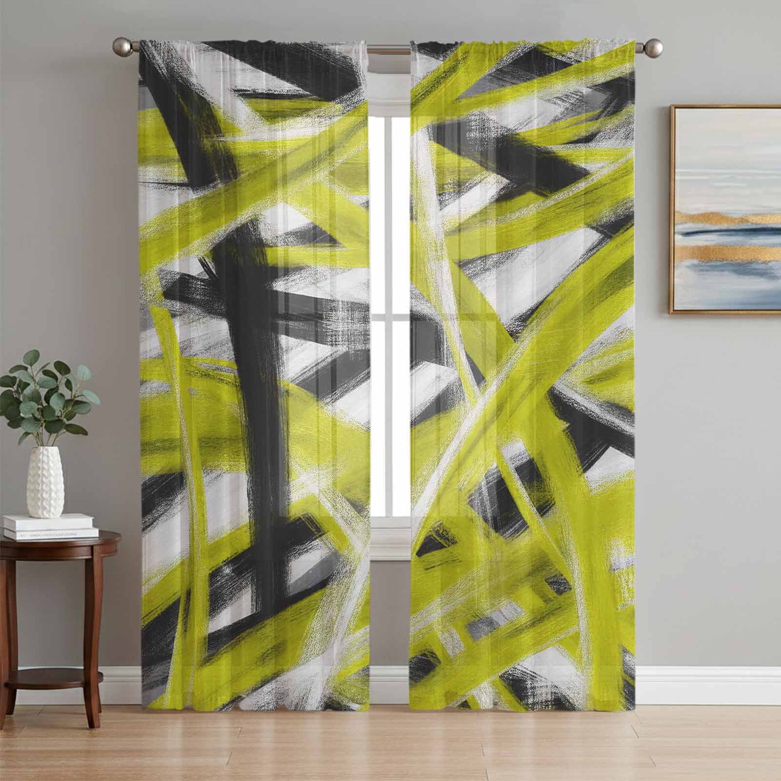 Abstract Yellow Waves Sheer Curtains for Living Room Bedroom Minimalist ...