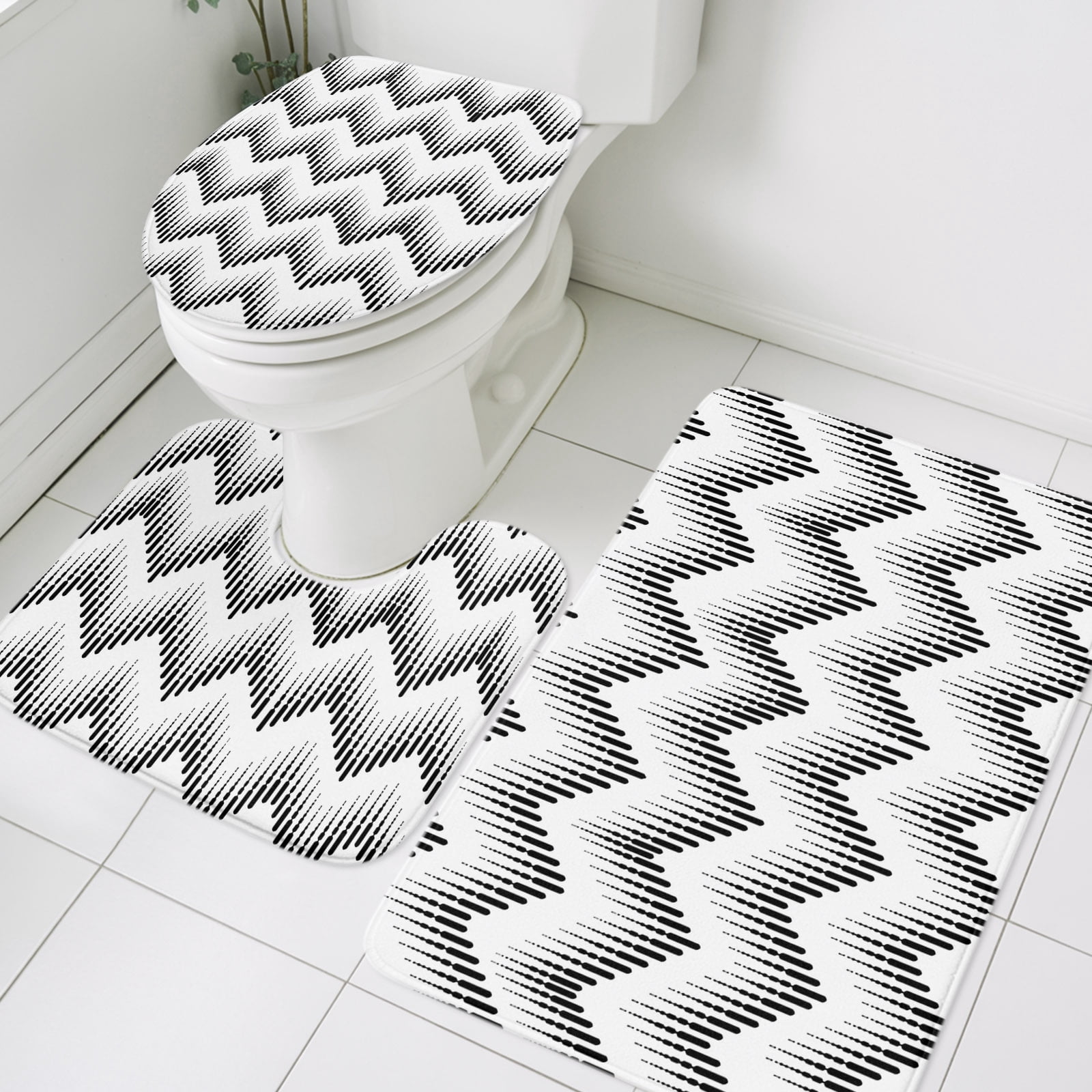 Abstract Zigzag Bathroom Rugs Set Optical Waves Black White Minimalist ...