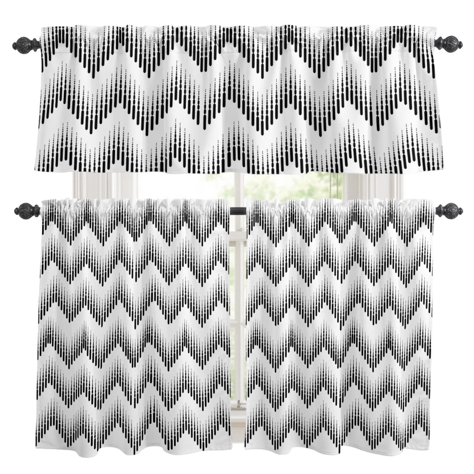 Abstract Zigzag Kitchen Curtains and Valances Set, Optical Waves Black ...