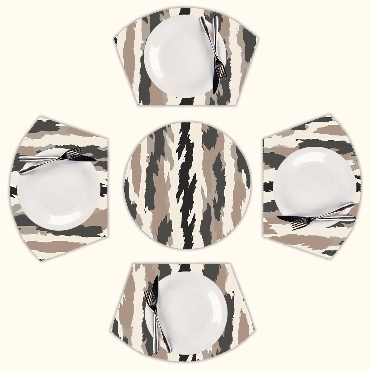 Abstract beige camouflage pattern Round Table Placemats Set Of 5 Wedge Table Mats Washable Heat ...