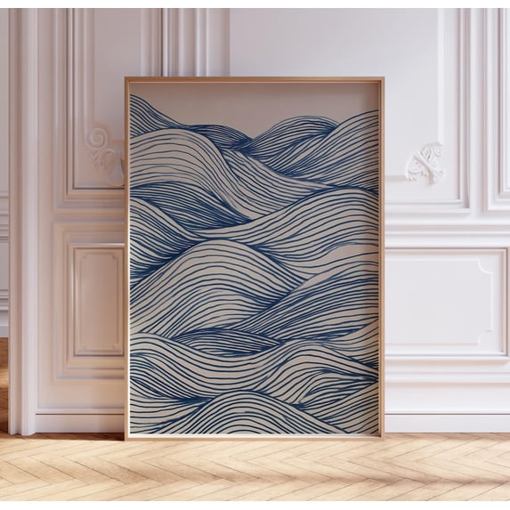 Abstract blue wave line art Poster neutral minimalist ocean lines ...