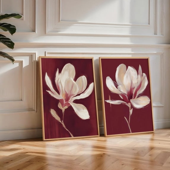 Abstract burgundy floral prints set of 2, modern flowers magnolia wall ...