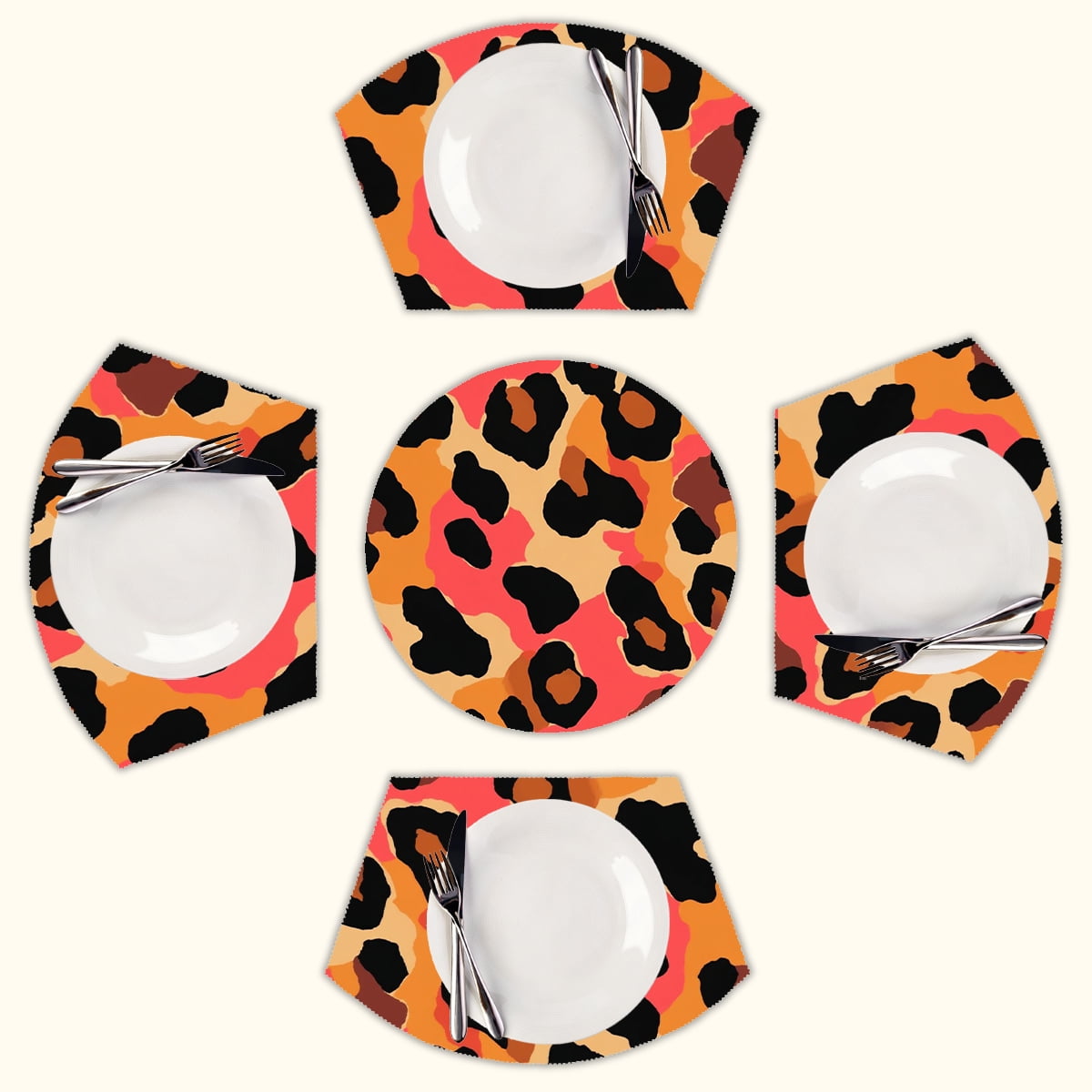Abstract coral leopard print Round Table Placemats Set Of 5 Wedge Table ...