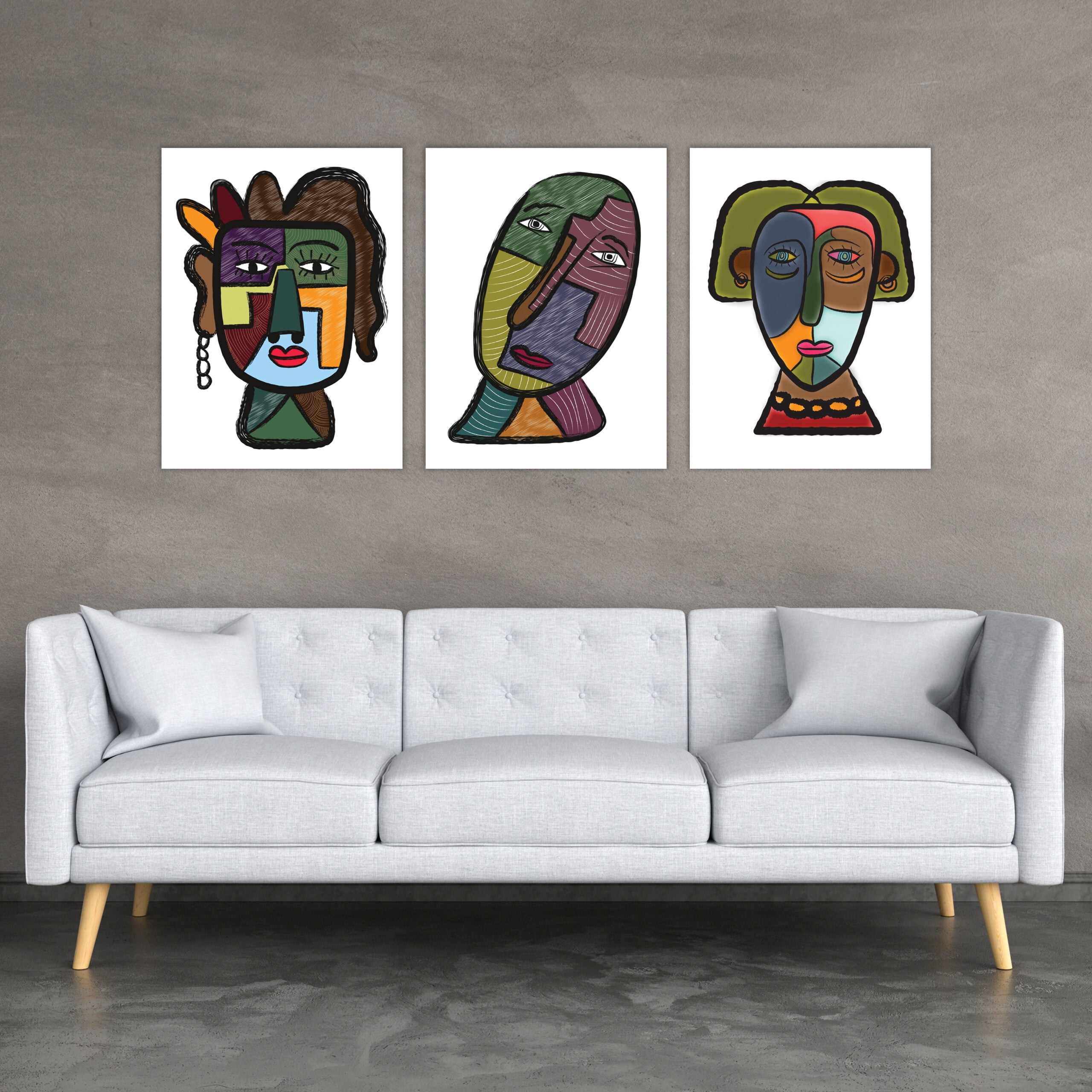 Abstract faces painting colorful cubism wall art set of 3 12x16inch ...