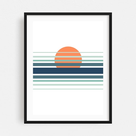 Abstract geometric sunset with orange sun - Illustration Black Framed ...