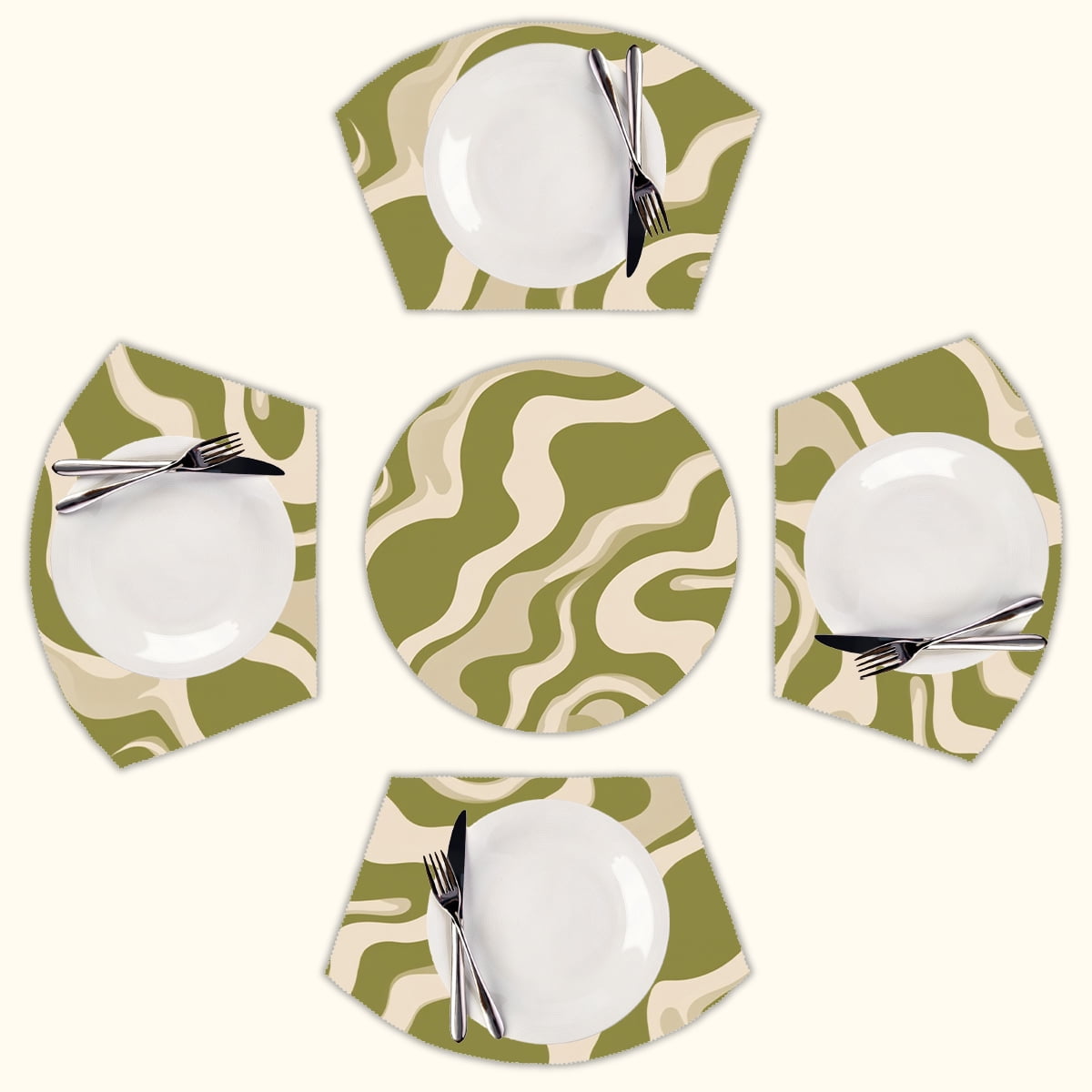 Abstract olive green wavy pattern Round Table Placemats Set Of 5 Wedge Table Mats Washable Heat ...