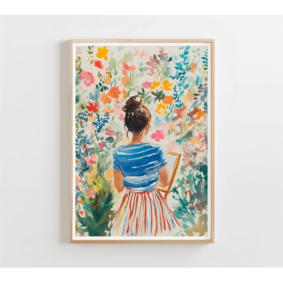 Abstract striped woman Poster colorful floral girl artist modern ...