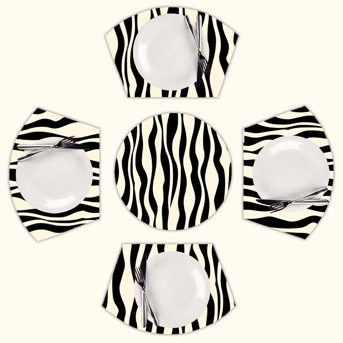 Abstract wavy black white stripes Round Table Placemats Set Of 5 Wedge Table Mats Washable Heat ...