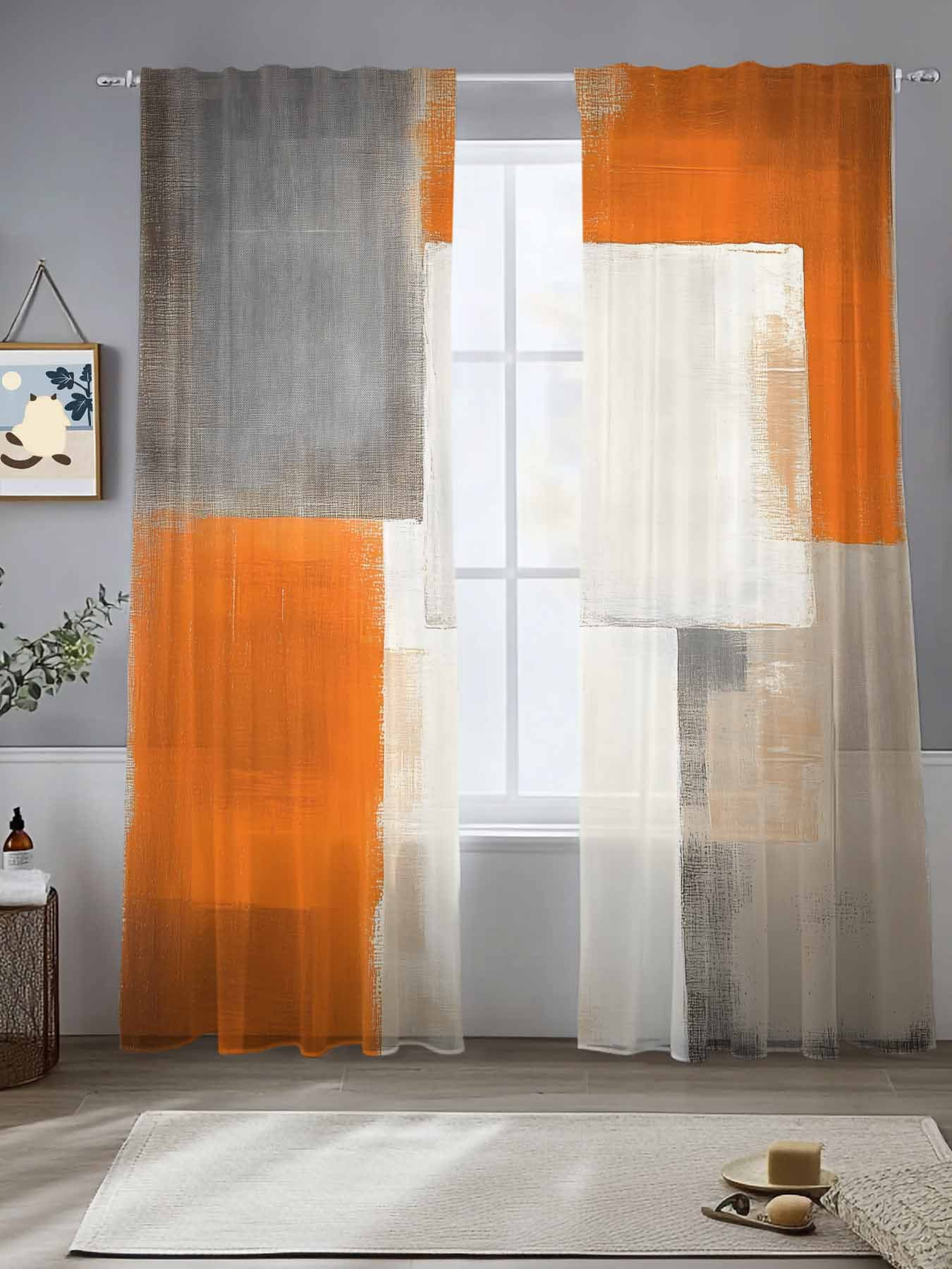 AbstractOrange Gary Paint Sheer Curtains 96 Inches Long 2 Panels ...