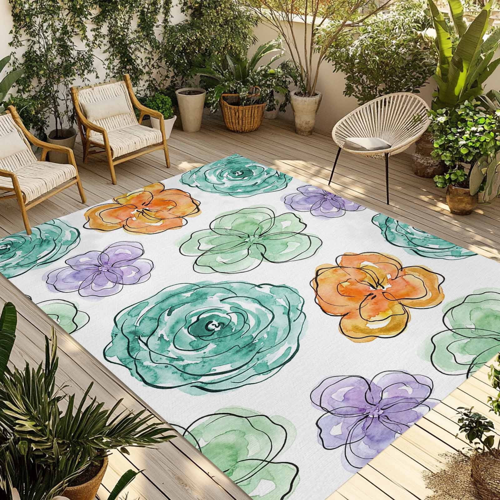 Abstraction Art Outdoor Rug, Watercolors Flowers Minimalist Lines ...