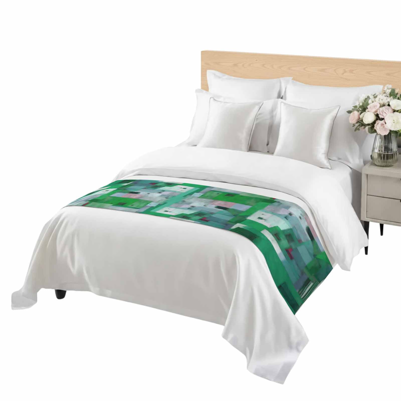Abstracts Art Bed Runner Queen Size Green Oil Painting Buildings Modern ...