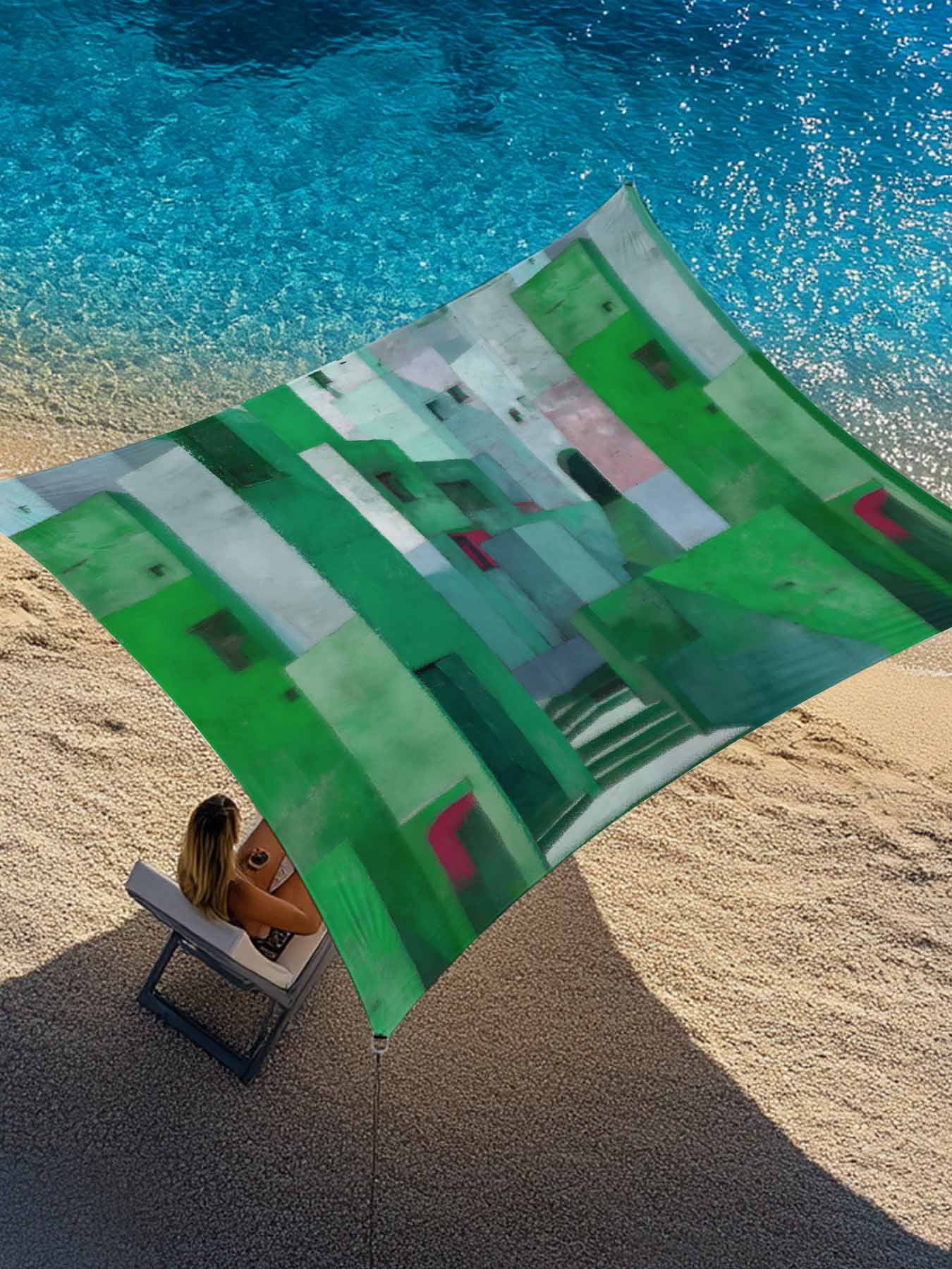 Abstracts Art Sun Shade Sail 6.5' x 10', Green Oil Painting Buildings ...