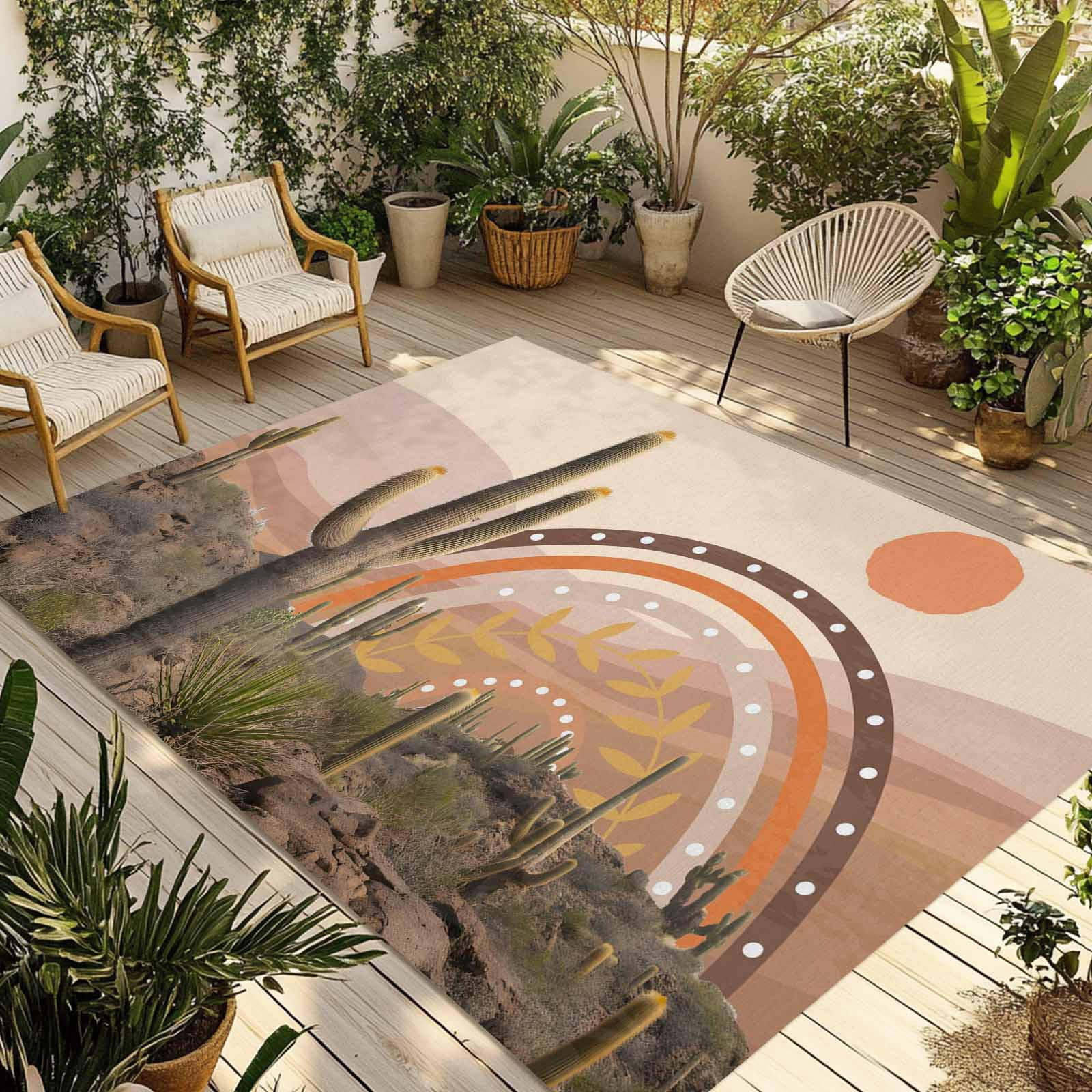 Abstracts Cacti Outdoor Rug, Sunset Mountain Deserts Plants Bohemian ...