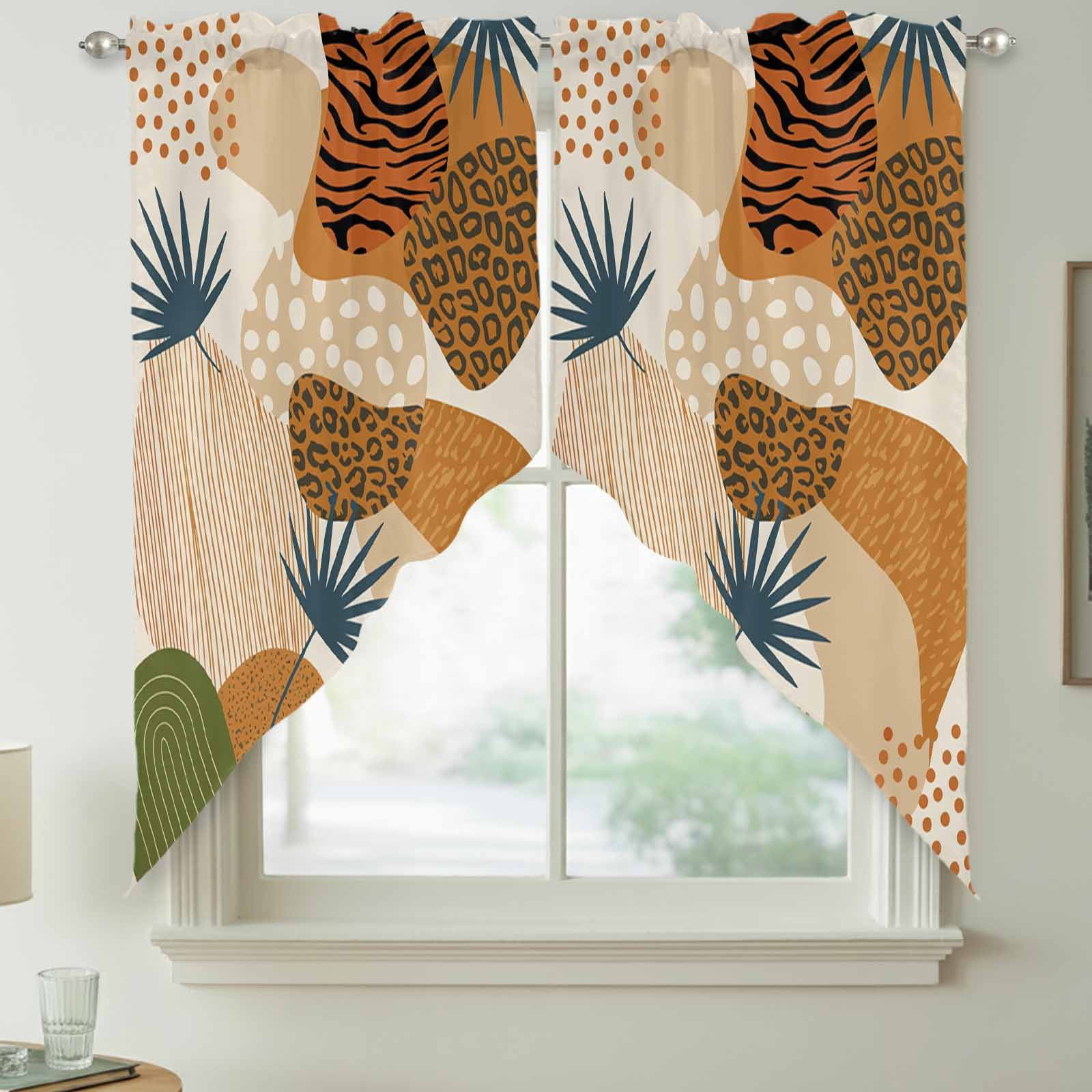 Abstracts Leopard Print Swag Kitchen Curtain Valances, Palm Leaf Brown ...