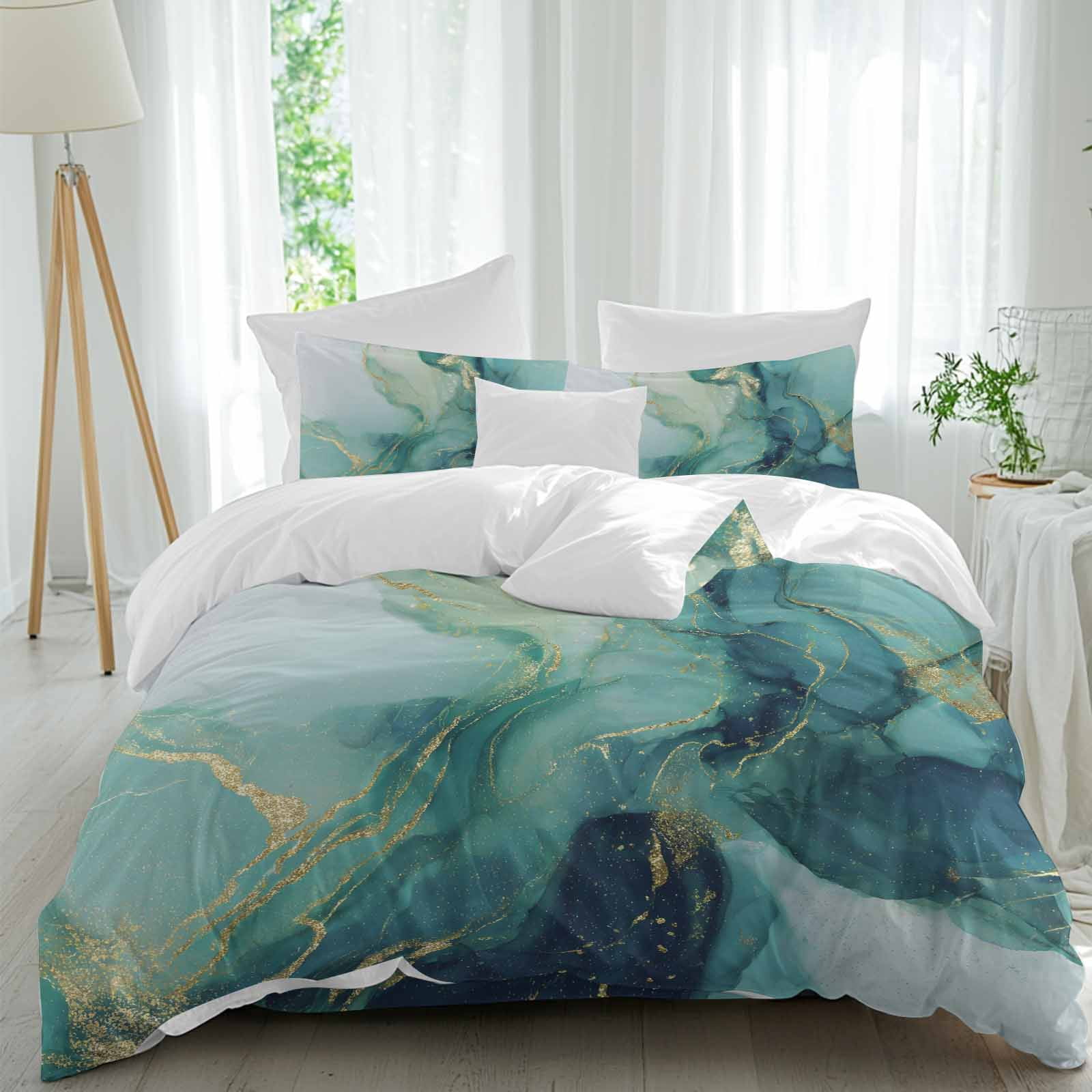 Abstracts Marble 4 Piece Duvet Cover Set Queen Size Teal Green Ombre ...