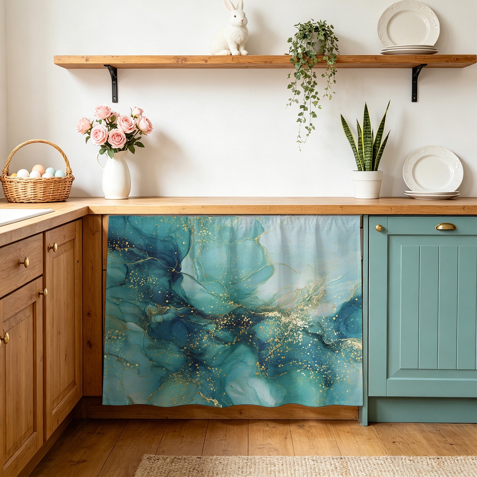 Abstracts Marble Cabinet Curtains 28" W x 35" L Teal Green Glod Ombre ...