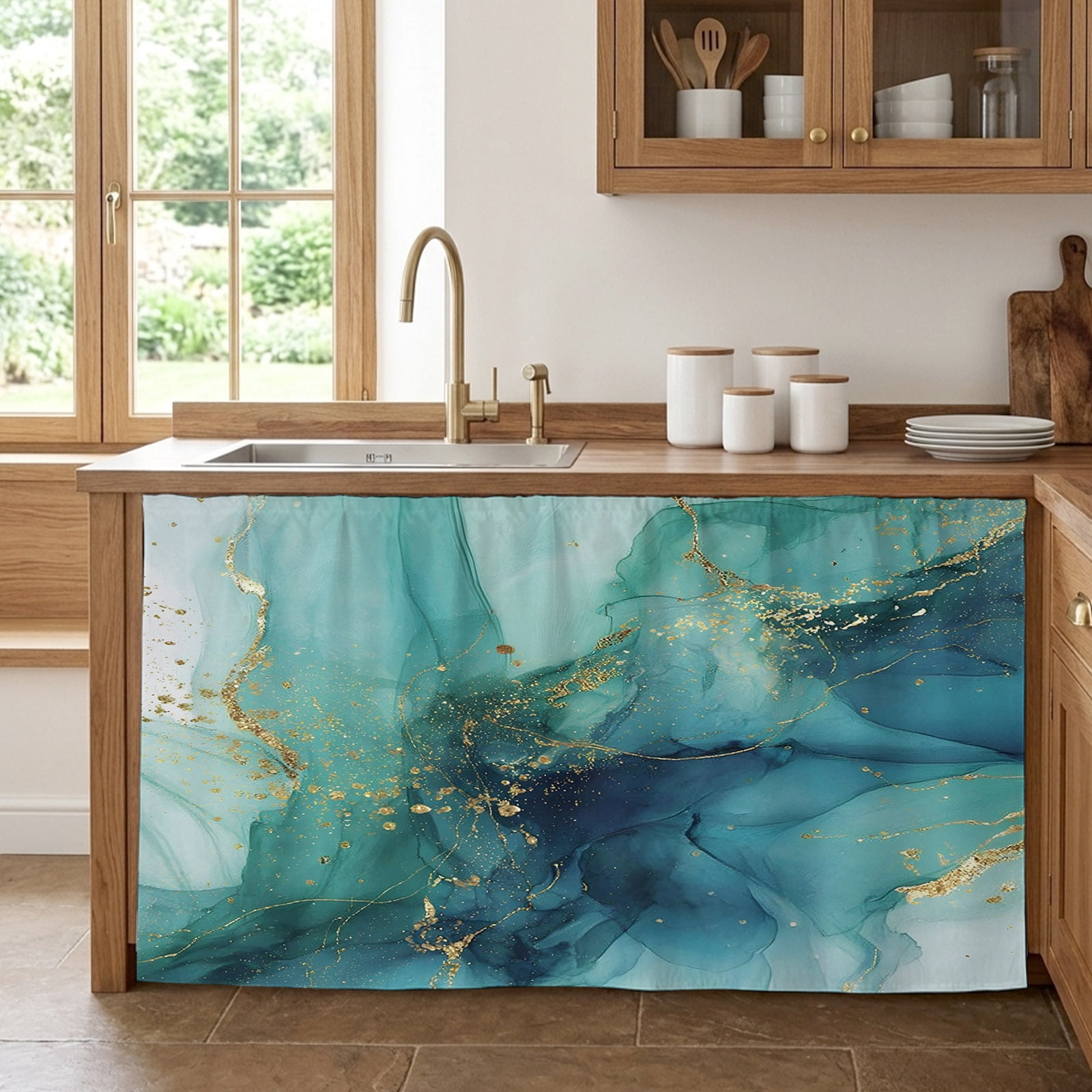 Abstracts Marble Cabinet Curtains 32" W x 55" L Teal Green Glod Ombre ...