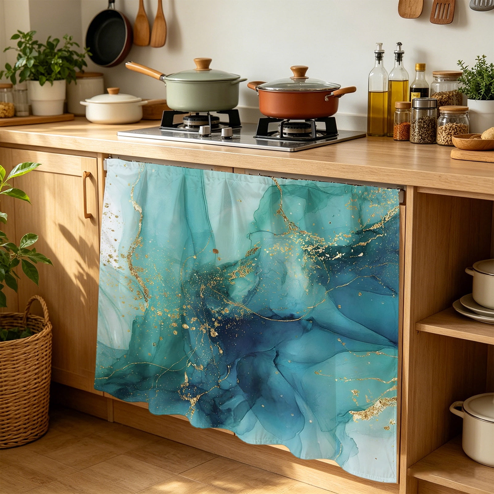 Abstracts Marble Cabinet Curtains 35" W x 35" L Teal Green Glod Ombre ...