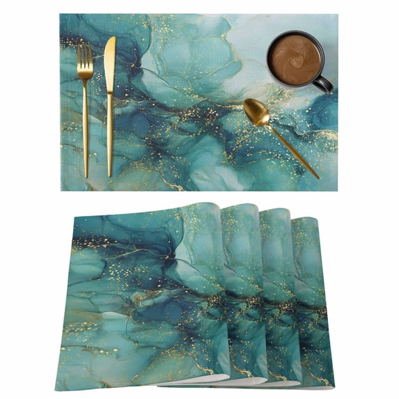 Abstracts Marble Cotton Linen Placemats Set of 4, Teal Green Glod Ombre ...