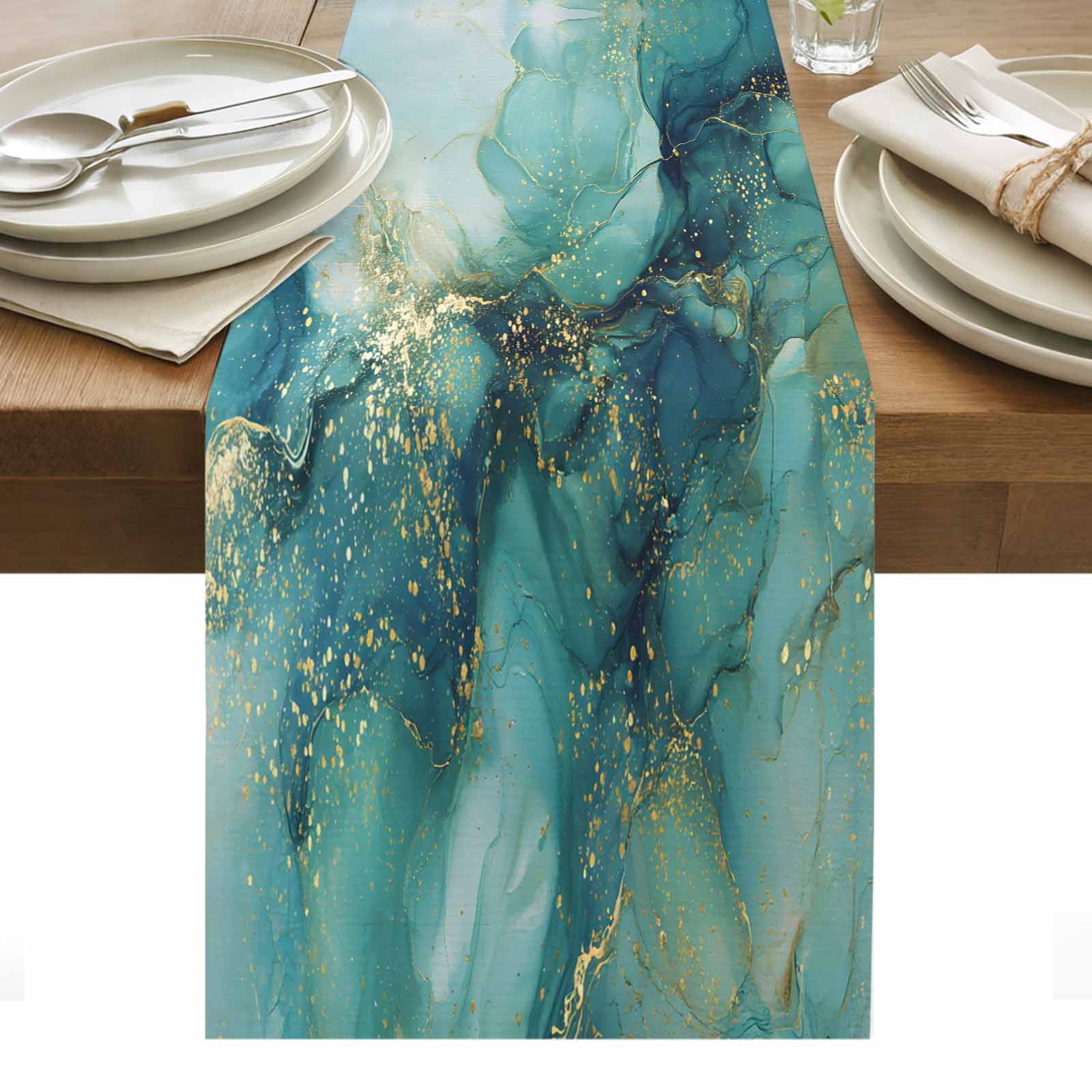 Abstracts Marble Cotton Linen Table Runner Teal Green Glod Ombre Stone ...
