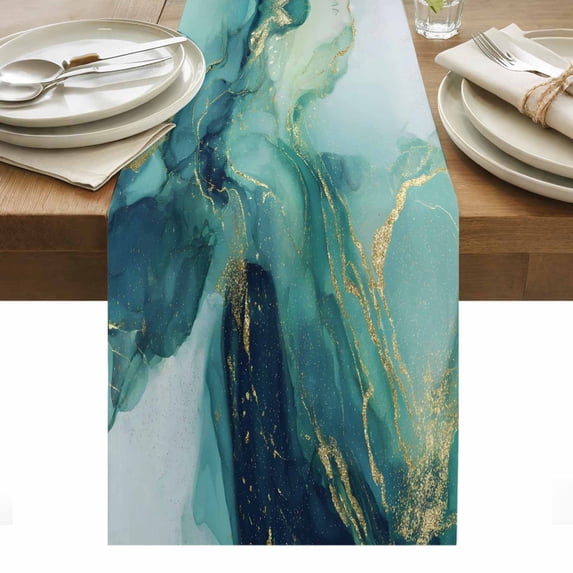 Abstracts Marble Cotton Linen Table Runner Teal Green Ombre Stone Glod ...
