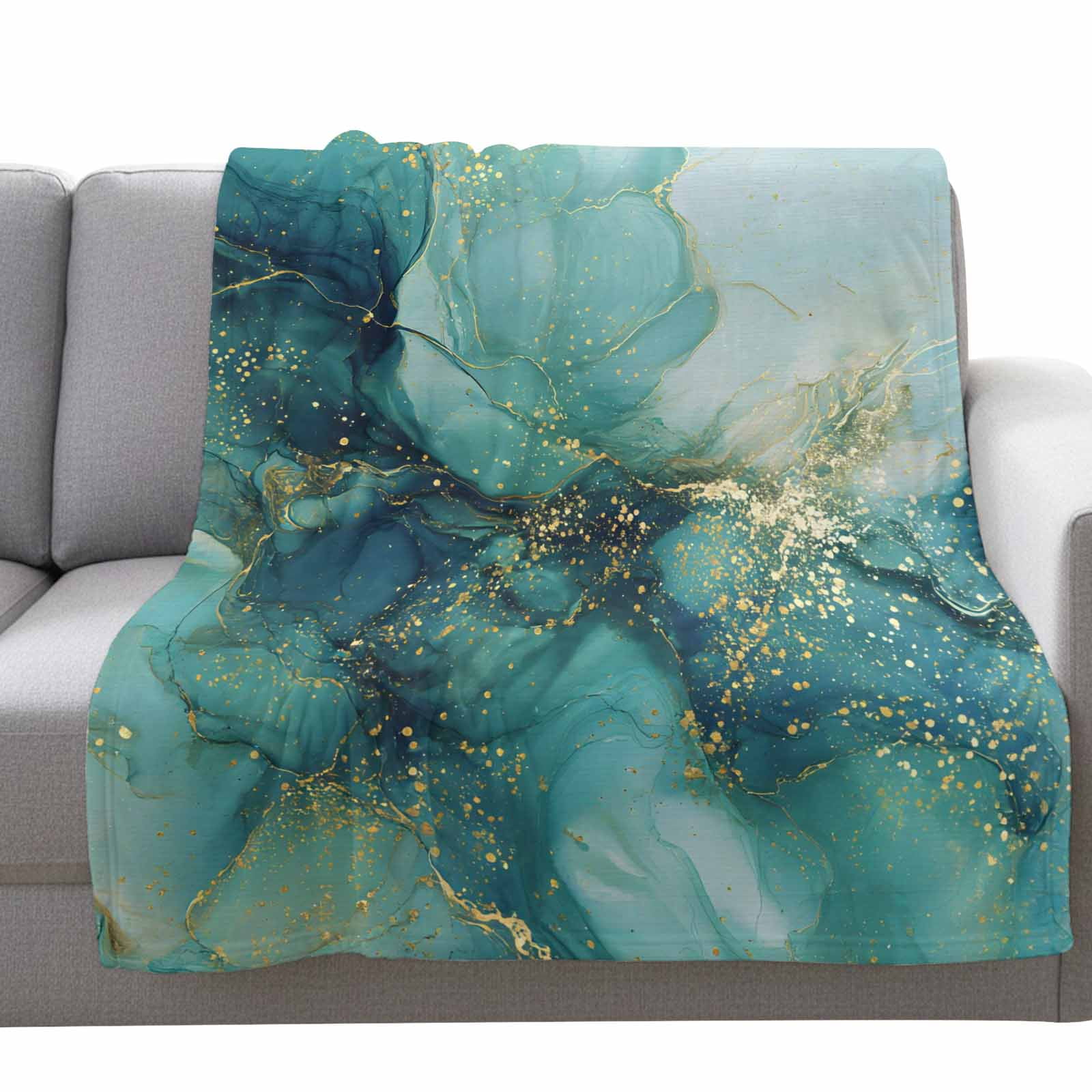 Abstracts Marble Fleece Throw Blanket Lightweight Teal Green Glod Ombre ...