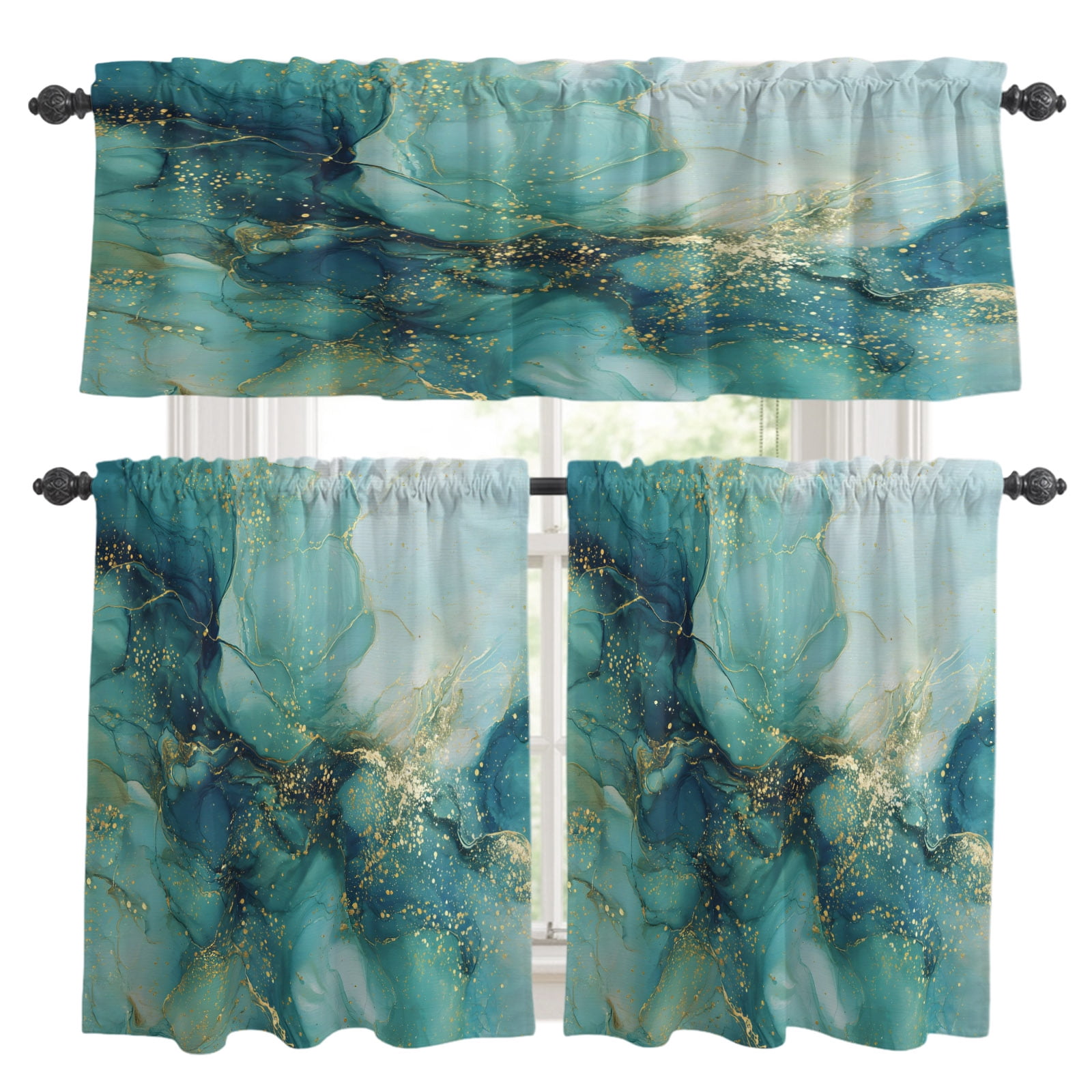 Abstracts Marble Kitchen Curtains Set for Windows, Teal Green Glod ...