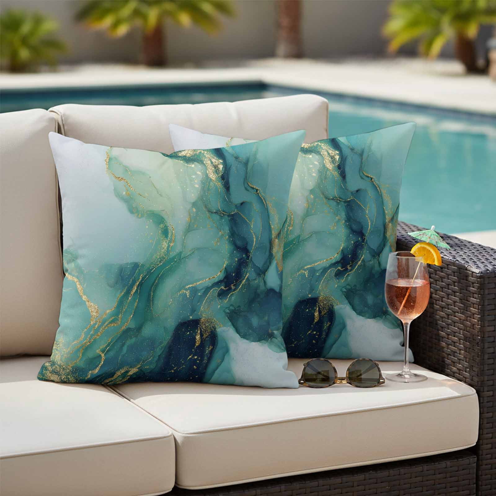 Abstracts Marble Outdoor Throw Pillow Covers Set of 2, Teal Green Ombre ...