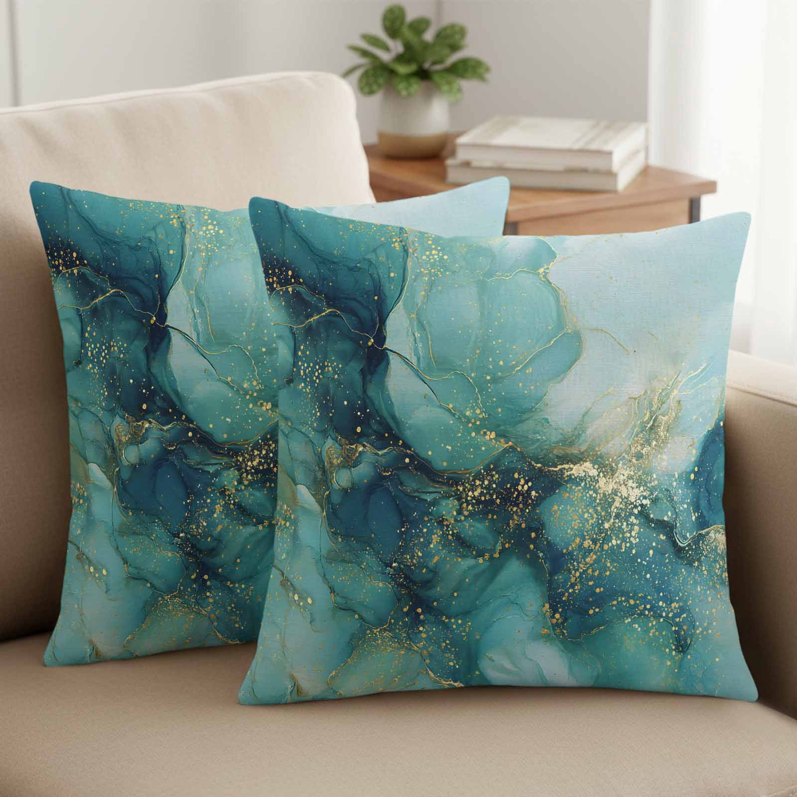 Abstracts Marble Pillow Covers Set of 2, Teal Green Glod Ombre Stone ...