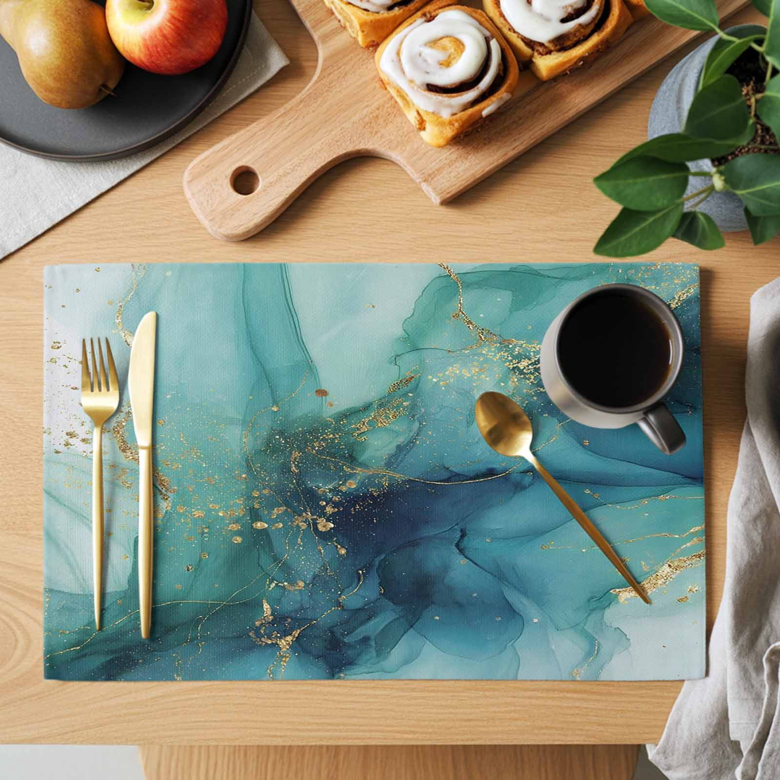 Abstracts Marble Placemats Set of 8, Teal Green Glod Ombre Stone ...