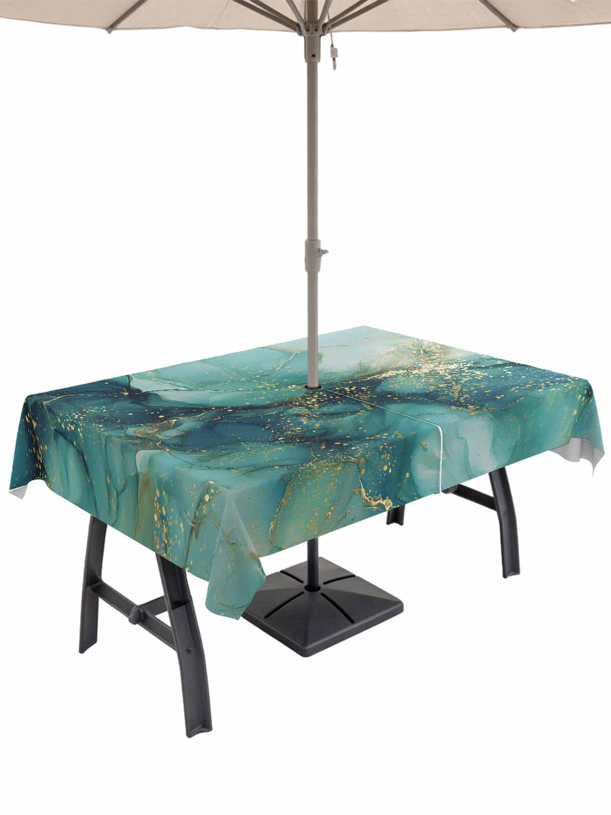 Abstracts Marble Rectangle Outdoor Tablecloth with Umbrella Hole Teal ...