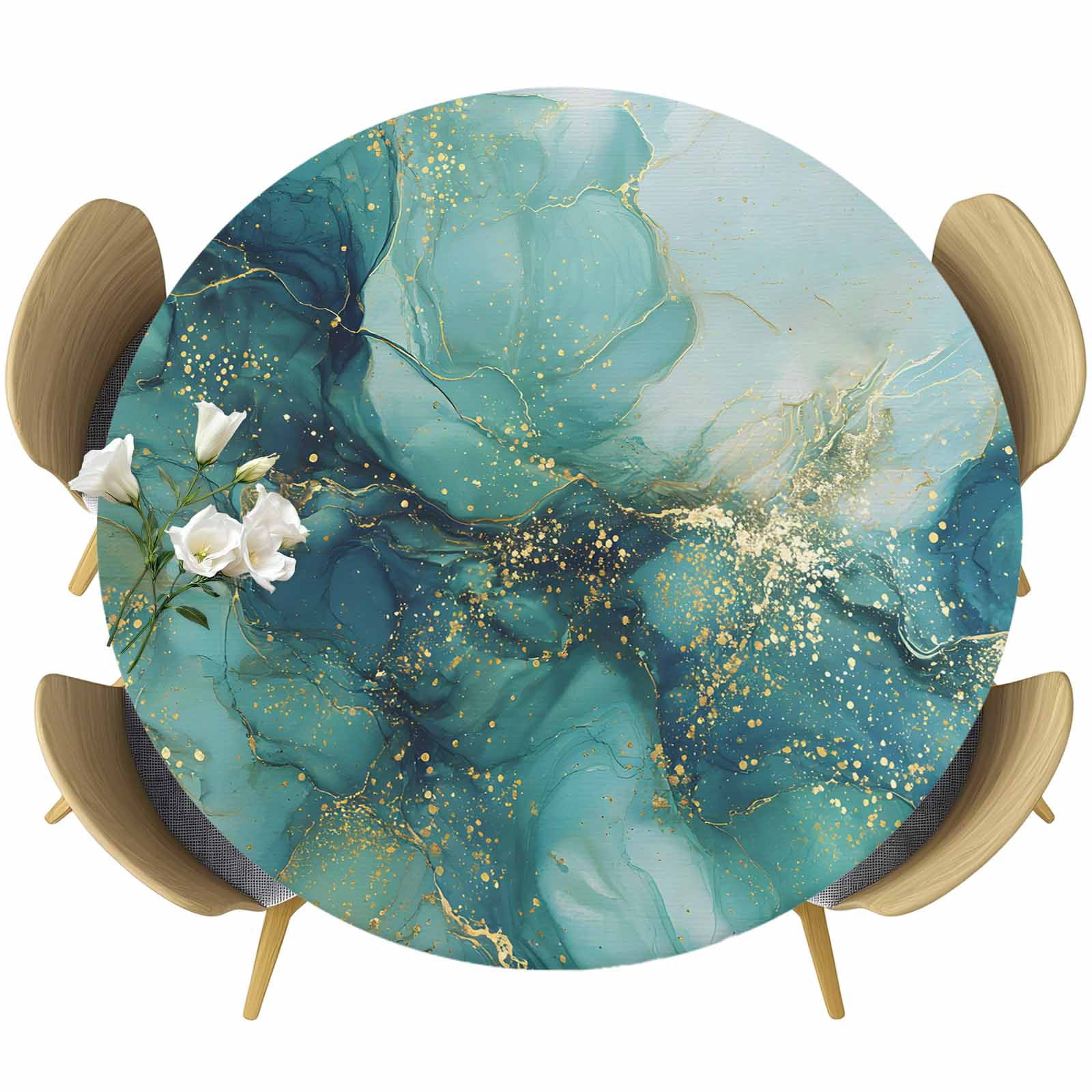 Abstracts Marble Round Fitted Tablecloth with Elastic Edge, Teal Green ...