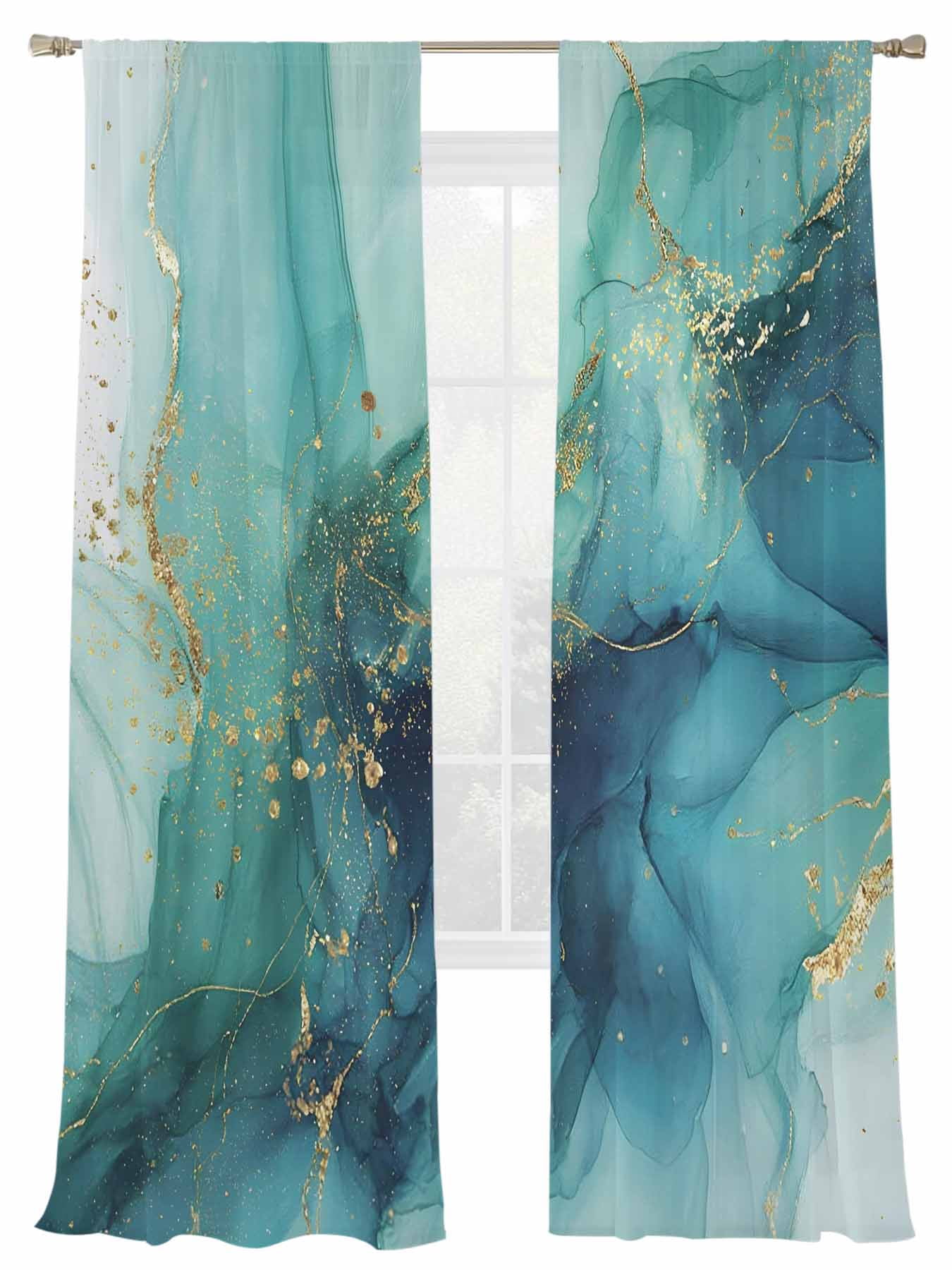 Abstracts Marble Sheer Curtains 2 Panels Set Teal Green Glod Ombre ...