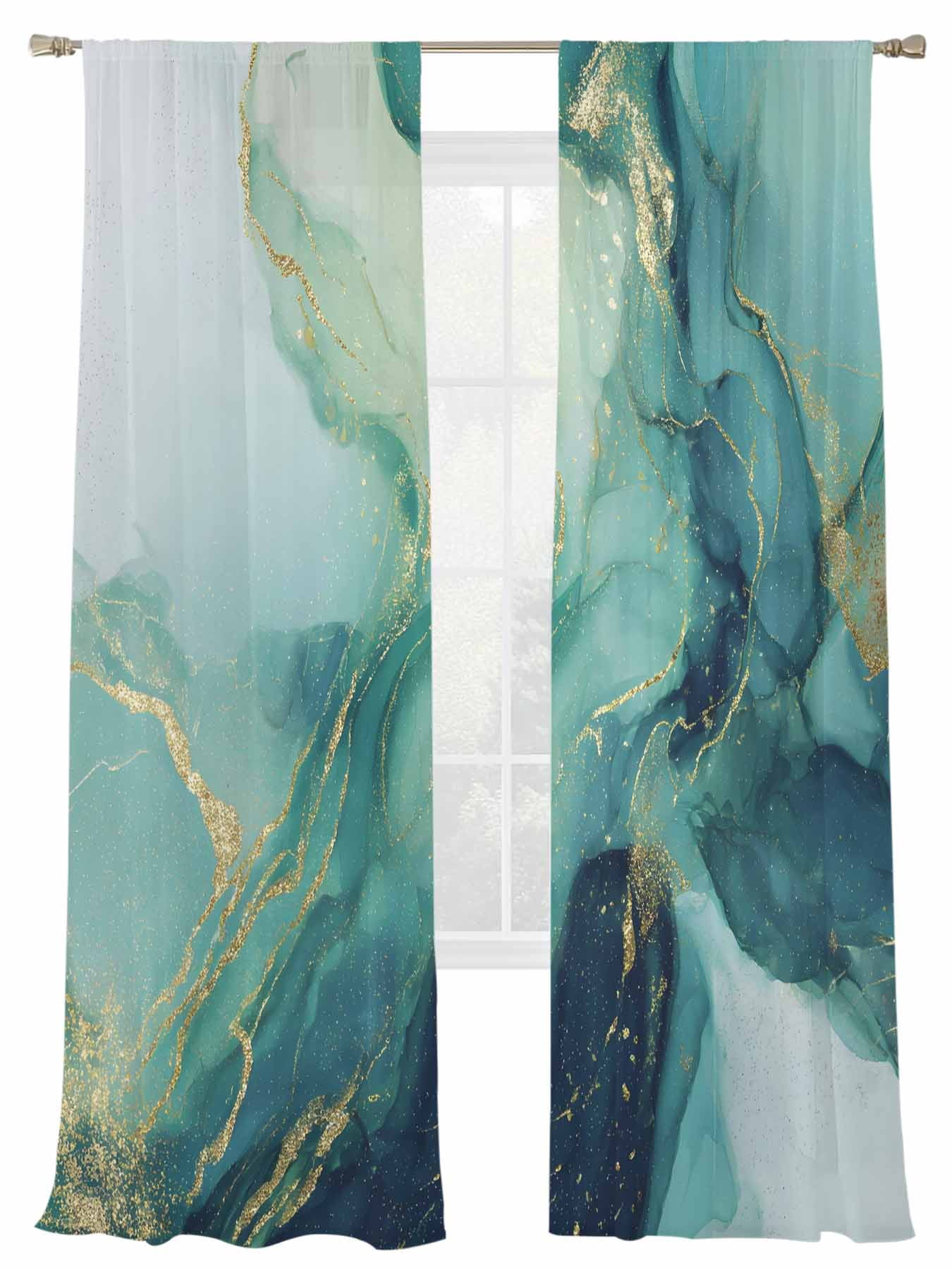 Abstracts Marble Sheer Curtains 2 Panels Set Teal Green Ombre Stone ...
