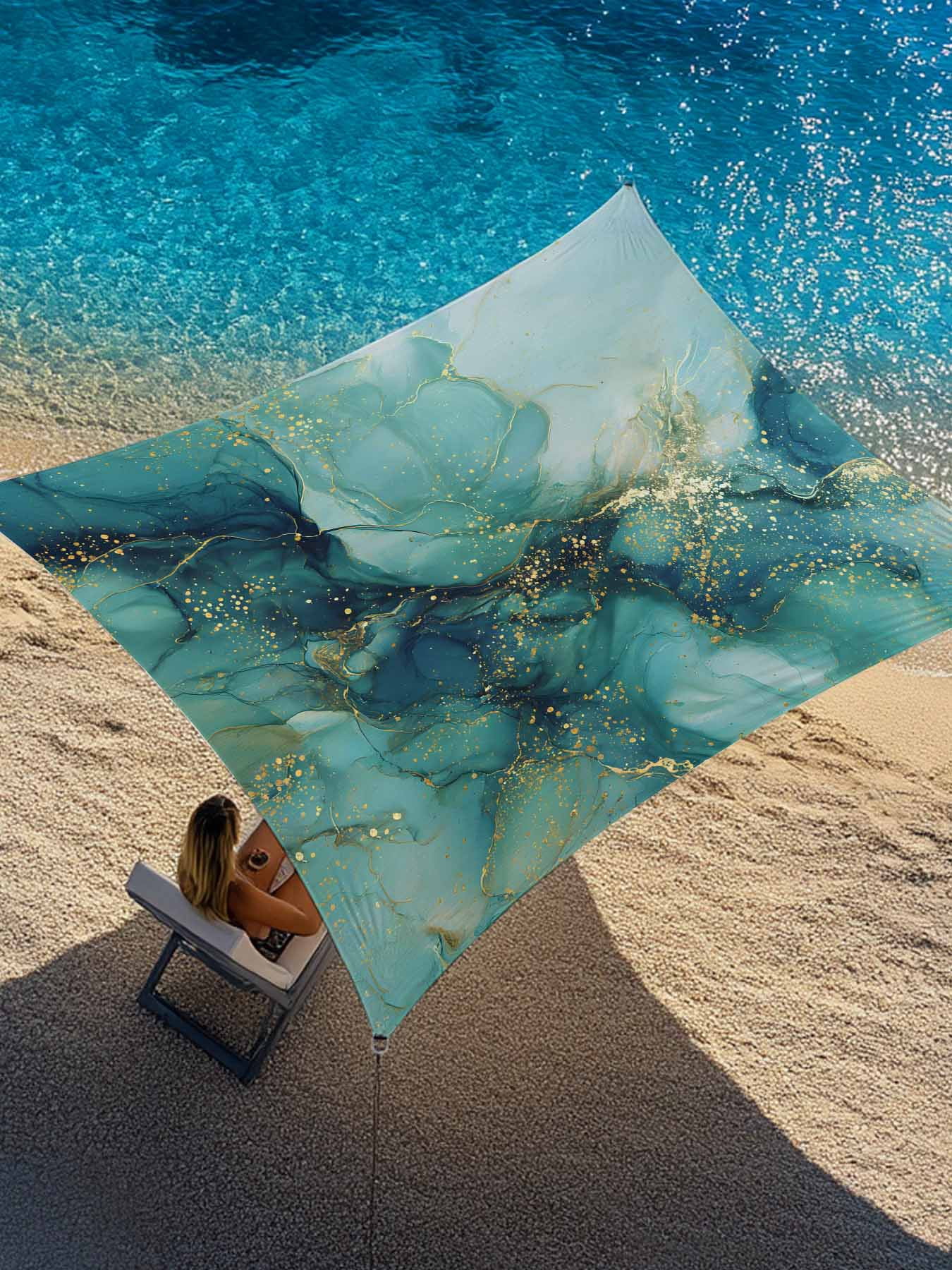 Abstracts Marble Sun Shade Sail 14' x 18', Teal Green Glod Ombre Stone ...