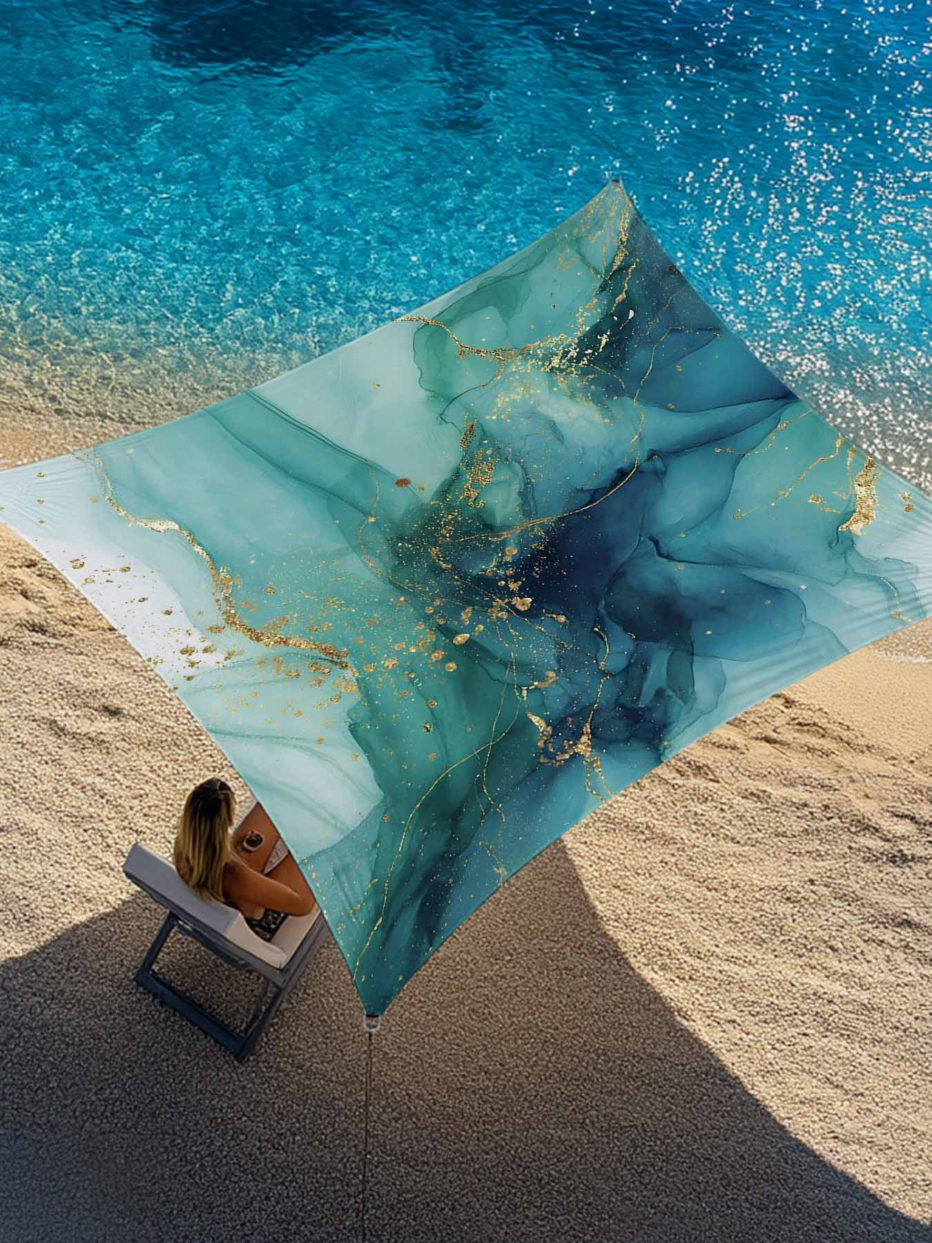 Abstracts Marble Sun Shade Sail 14' x 18', Teal Green Glod Ombre Stone ...