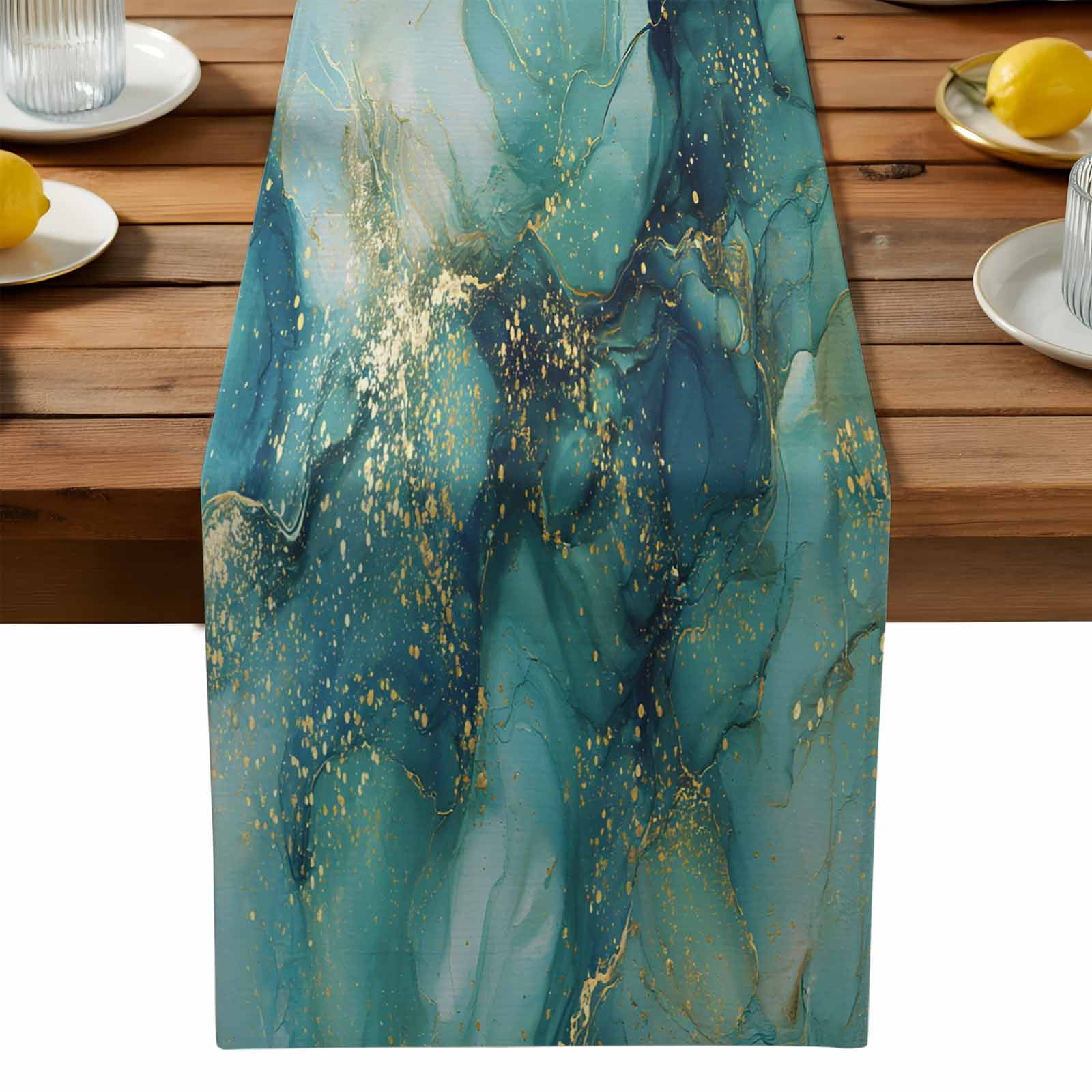 Abstracts Marble Table Runner, Teal Green Glod Ombre Stone Crack ...