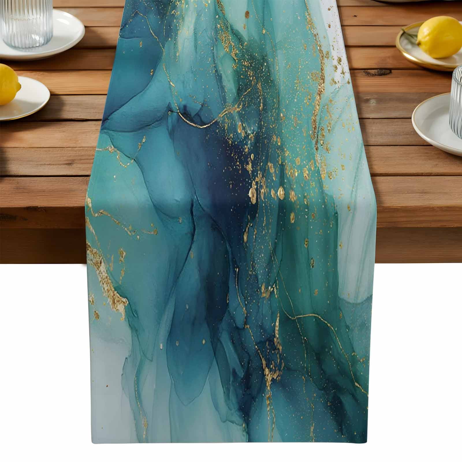 Abstracts Marble Table Runner, Teal Green Glod Ombre Stone Crystal ...