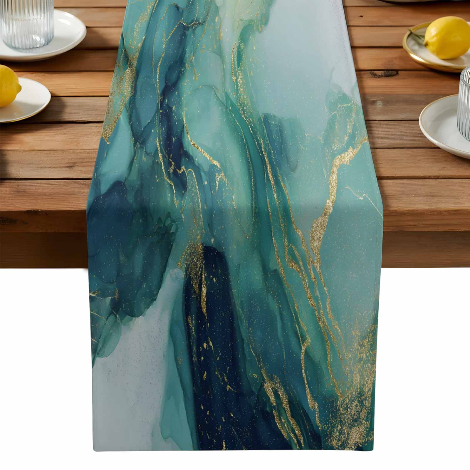 Abstracts Marble Table Runner, Teal Green Ombre Stone Glod Crack ...