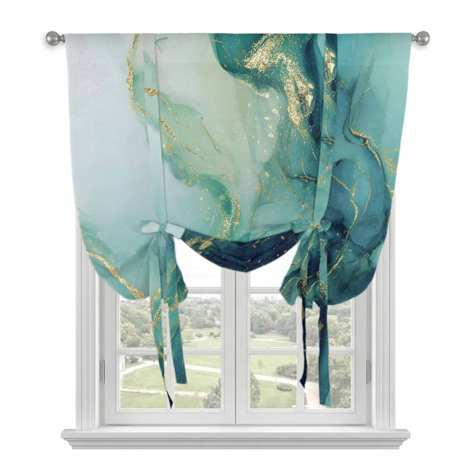 Abstracts Marble Tie Up Curtain for Window, Teal Green Ombre Stone Glod ...