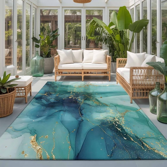 Abstracts Marble Washable Living Room Rugs 5'x8', Teal Green Glod Ombre ...