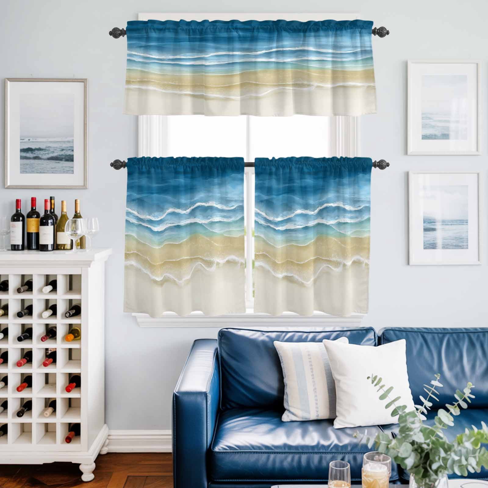 Abstracts Ocean Wave Gradient Stripe Curtain Tier and Valance Set 3 ...