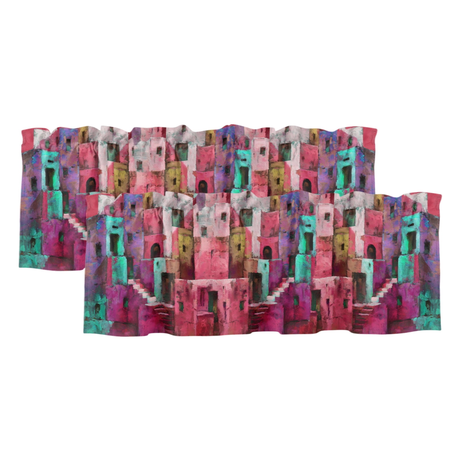 Abstracts Painting Buildings 2 Panels Kitchen Valance, Pink Green ...