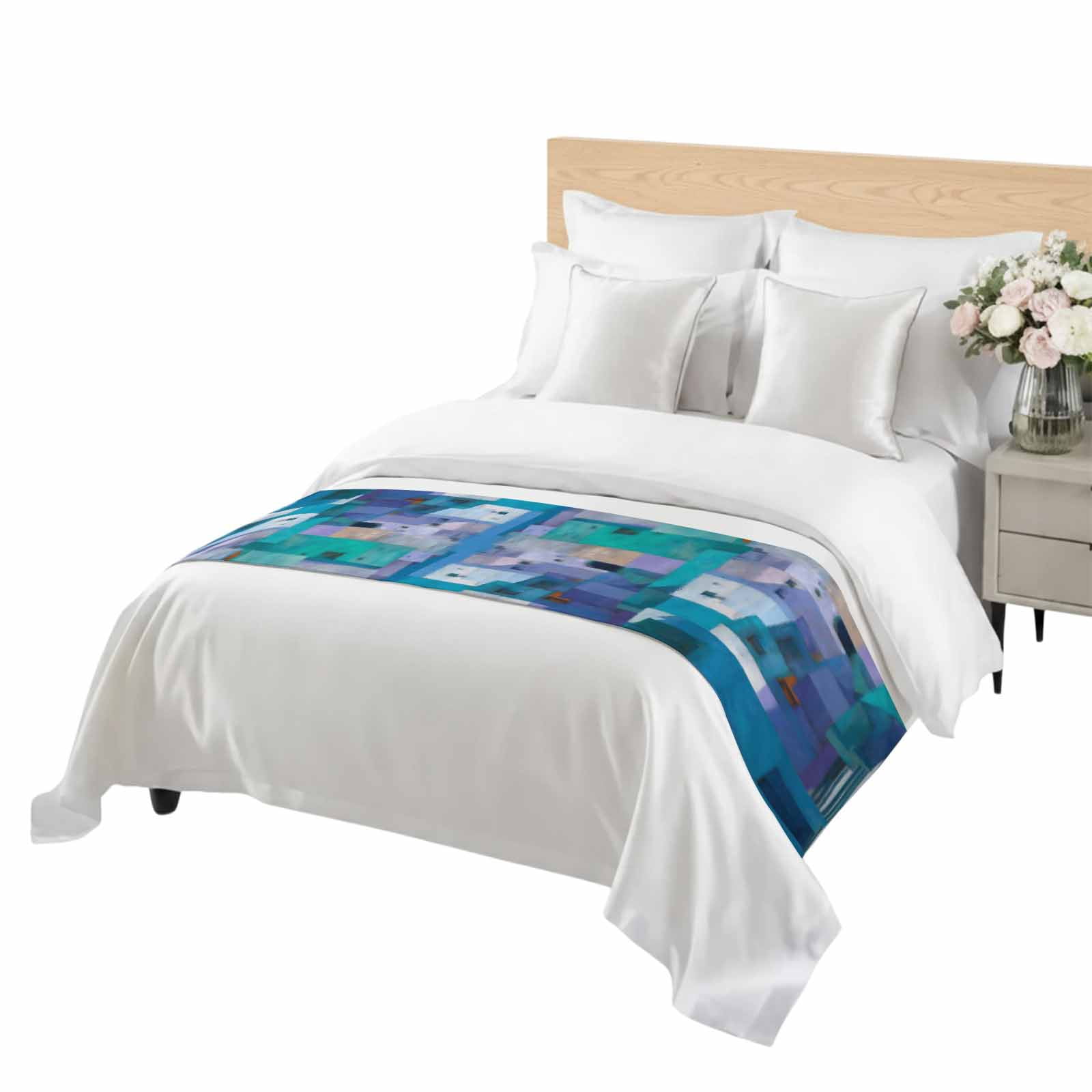 Abstracts Painting Buildings Bed Runner Queen Size Blue Green Purple ...