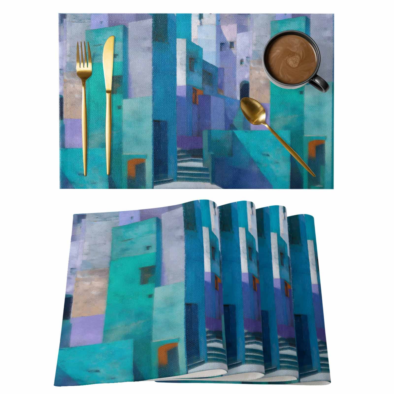 Abstracts Painting Buildings Cotton Linen Placemats Set of 12, Blue ...