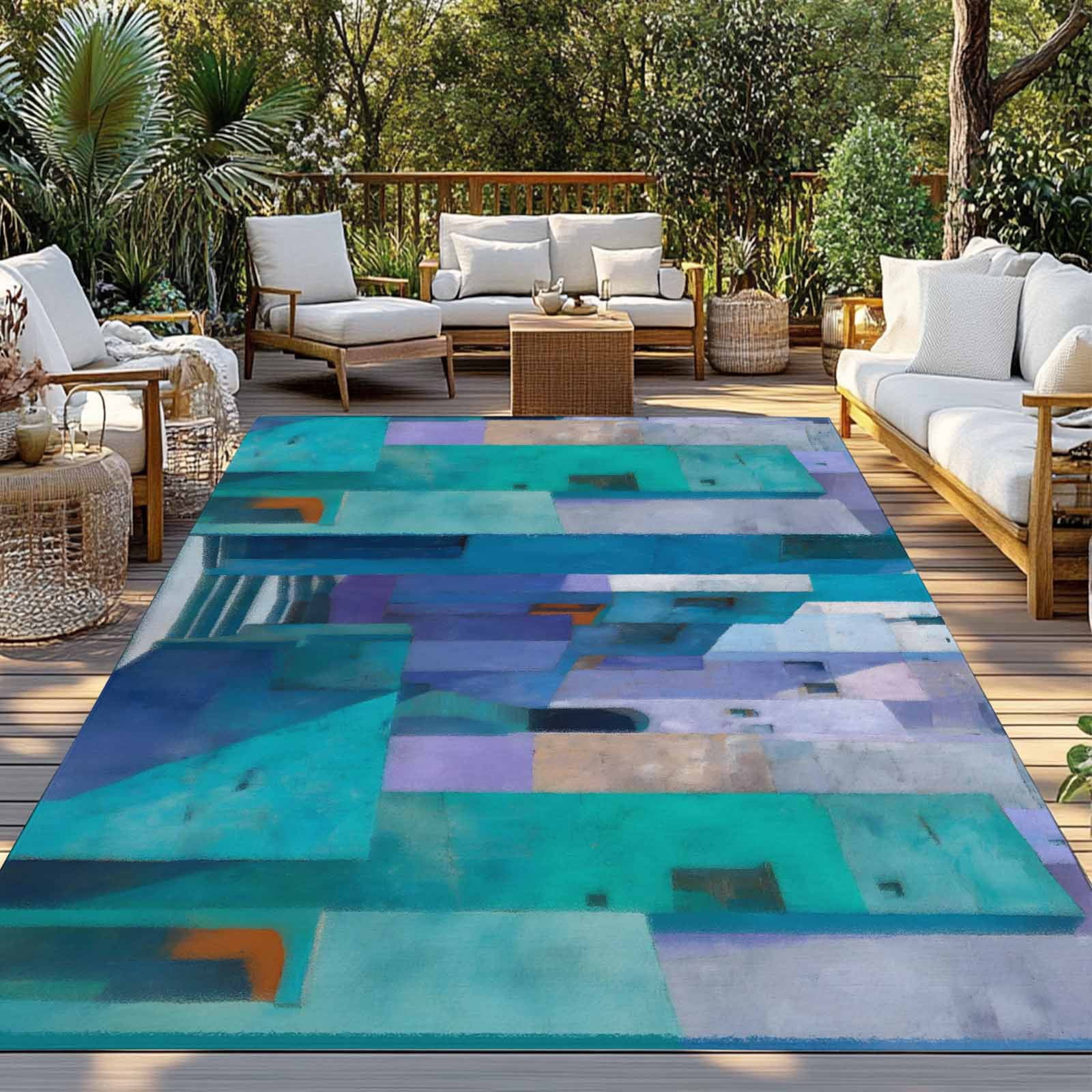 Abstracts Painting Buildings Indoor Outdoor Rugs 6x9 Ft, Blue Green ...