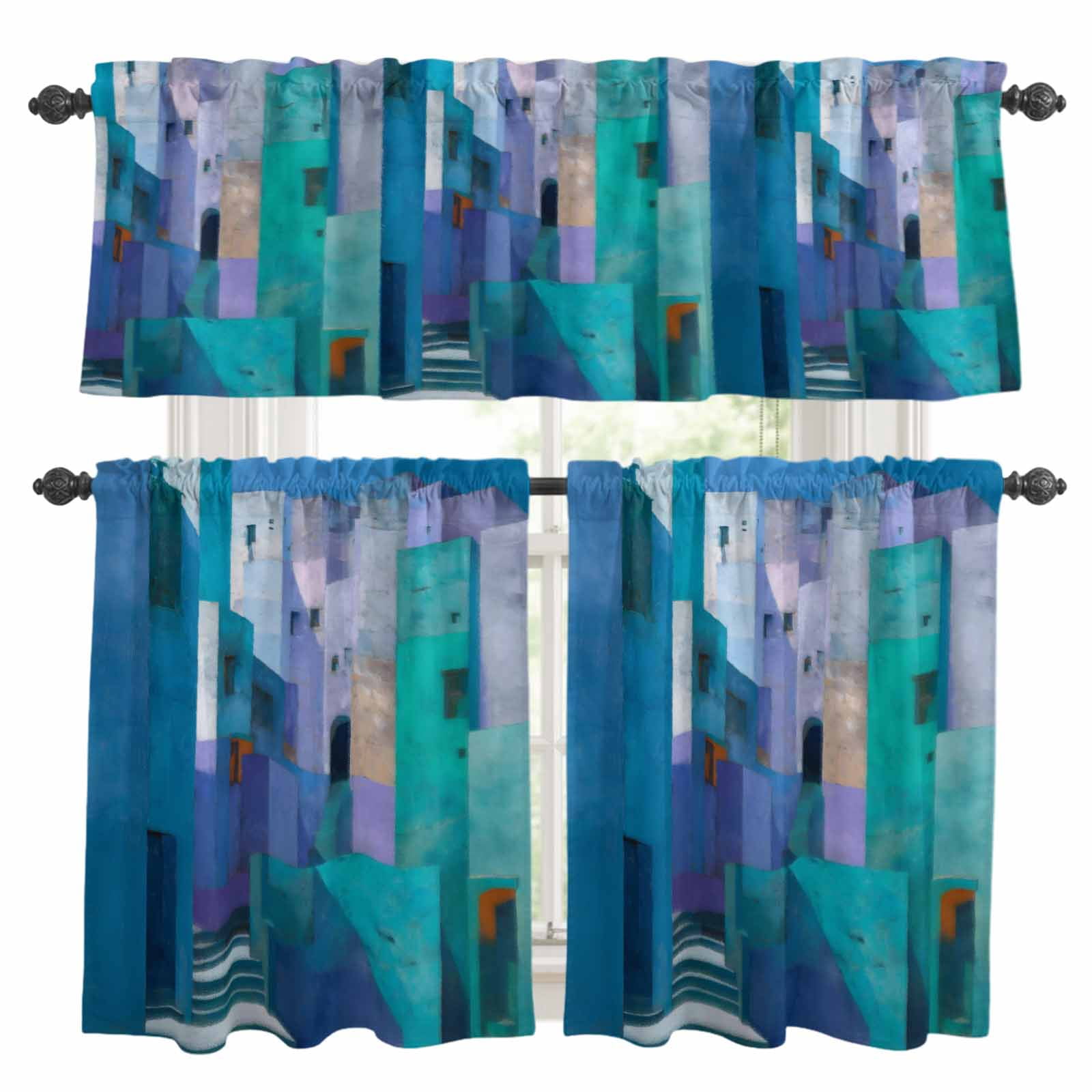 Abstracts Painting Buildings Kitchen Curtains and Valances Set, Blue ...