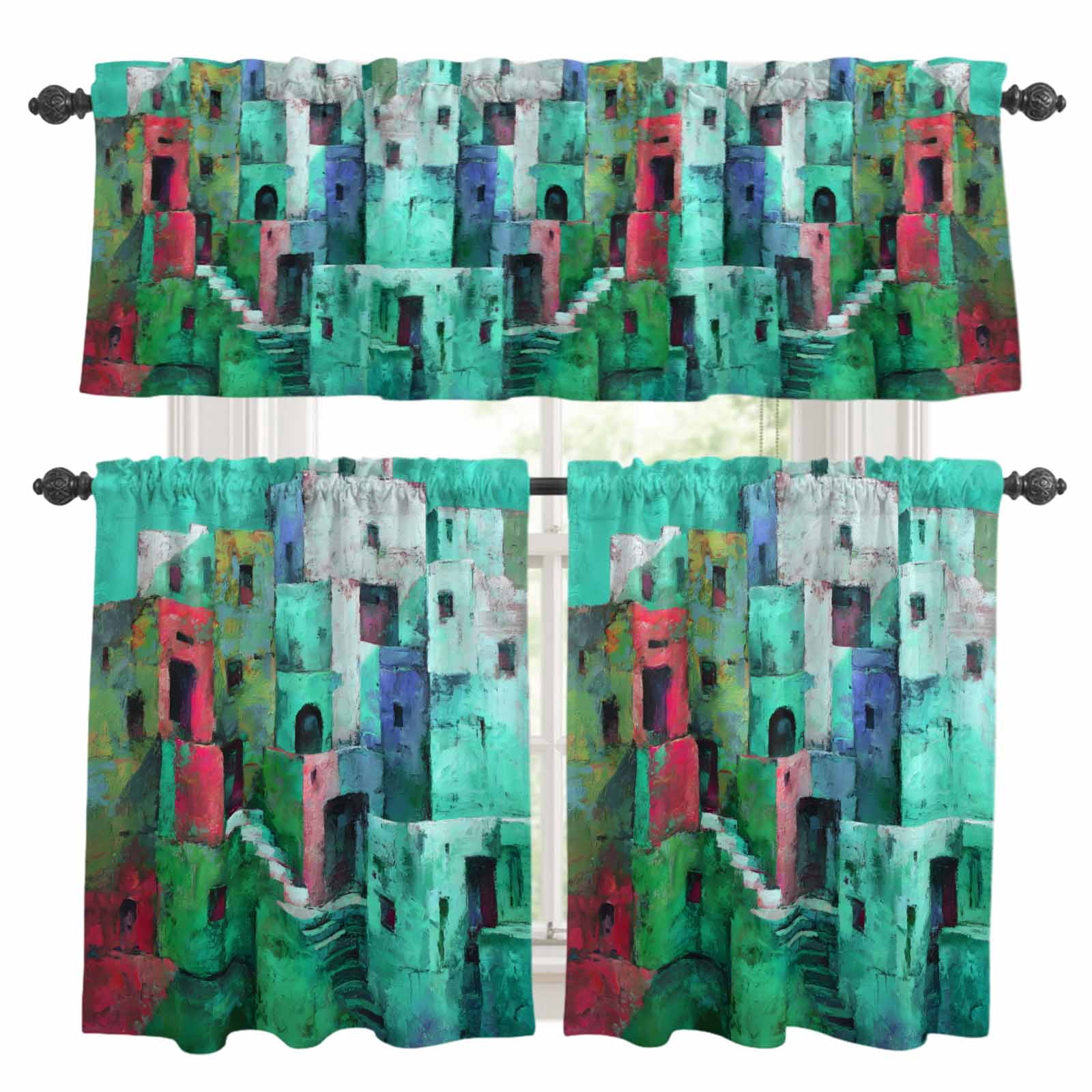 Abstracts Painting Buildings Kitchen Curtains and Valances Set, Green ...